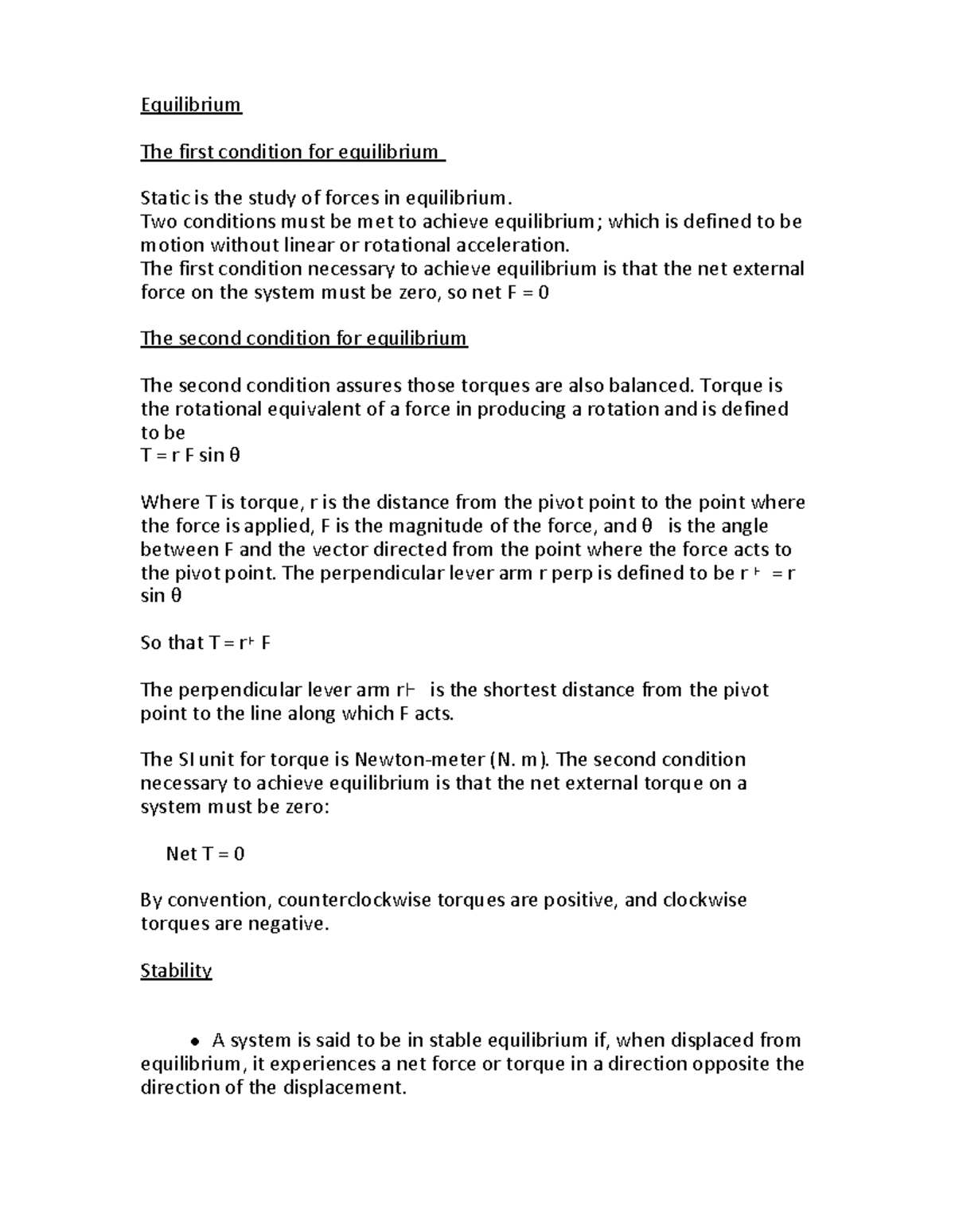 Class Notes Equilibrium - Equilibrium The first condition for ...