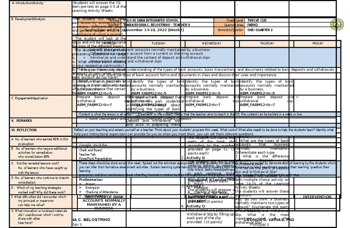 FABM2 Q2 W2 - useful - DAILY LESSON LOG School PULO NI SARA INTEGRATED ...