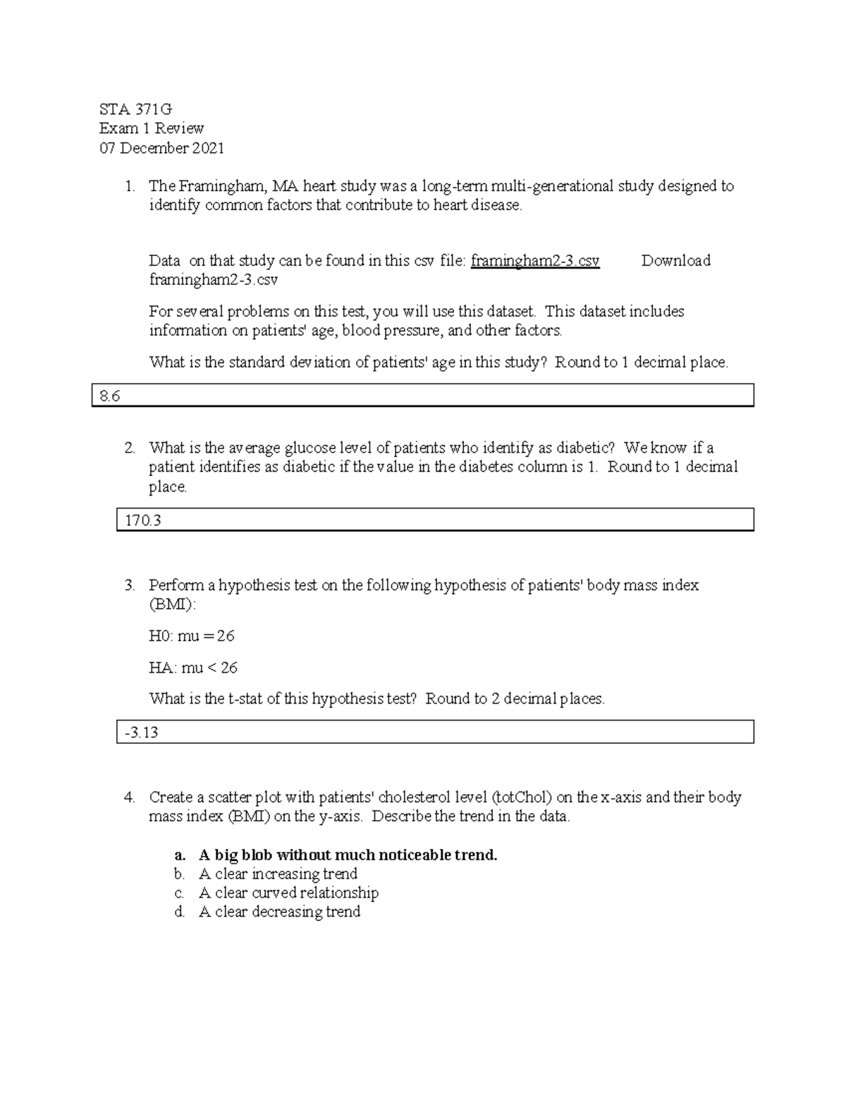 STA 371 G Exam 1 - Practice Exam - STA 371G Exam 1 Review 07 December ...