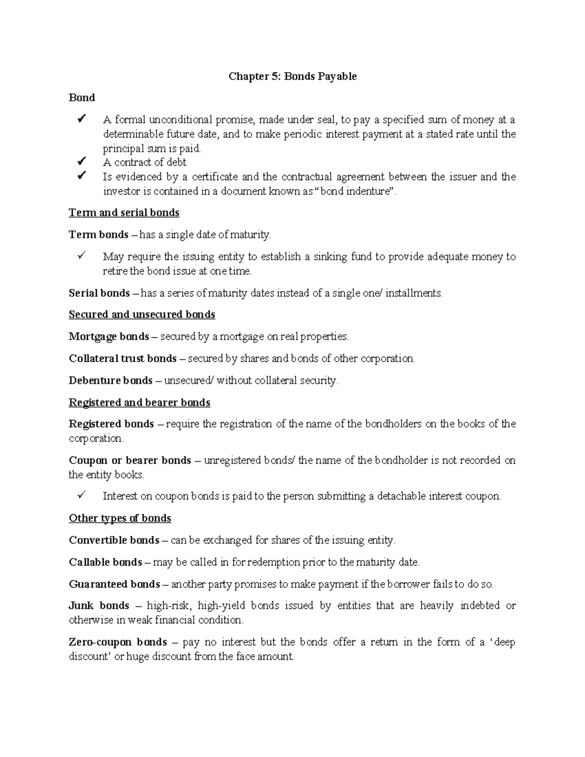 457292333 A4 Chapter 5 Bonds Payable docx - Chapter 5: Bonds Payable Bond A formal unconditional ...