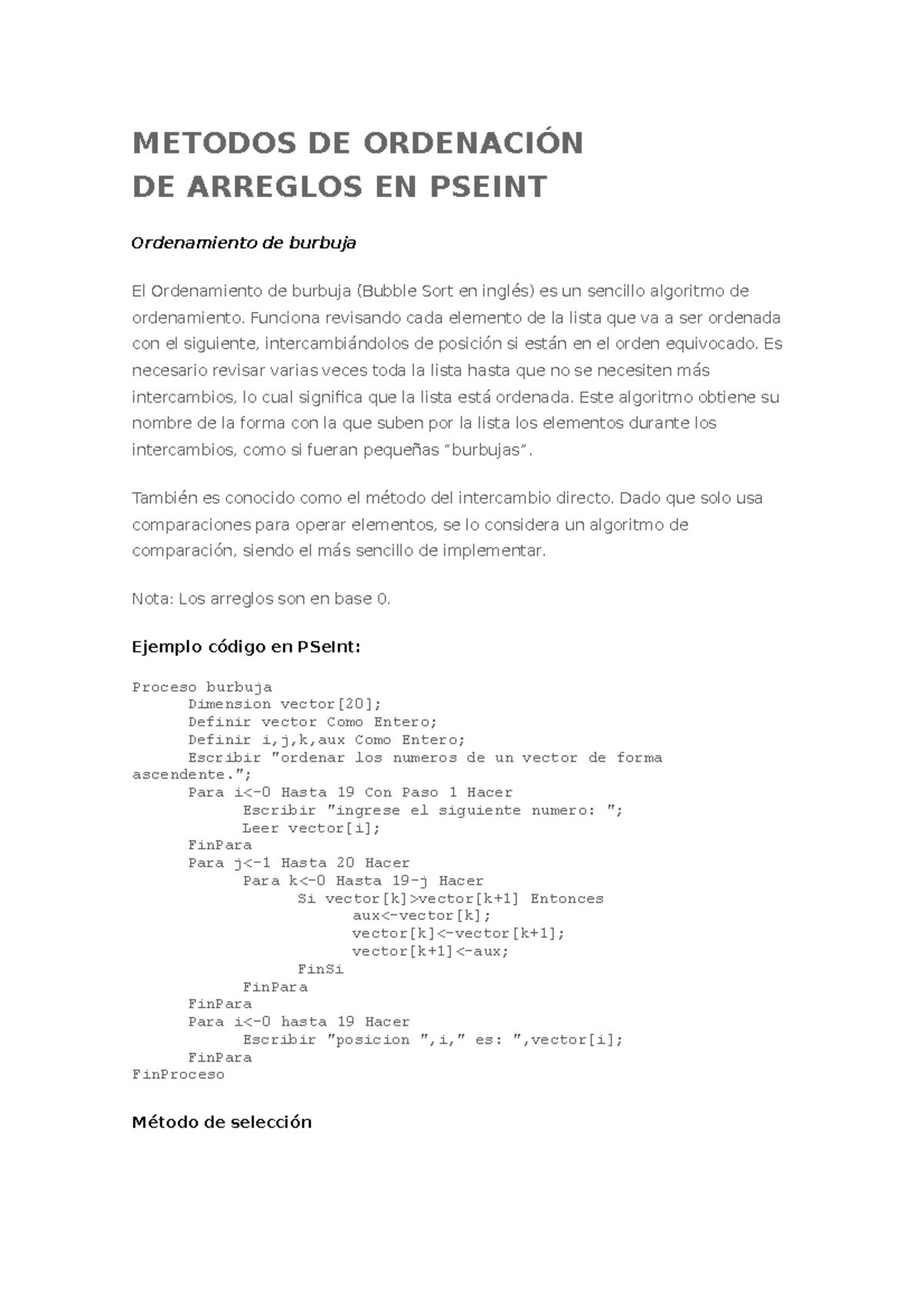 Metodos de Ordenación de vectores en PSe Int - METODOS DE ORDENACIÓN DE ...
