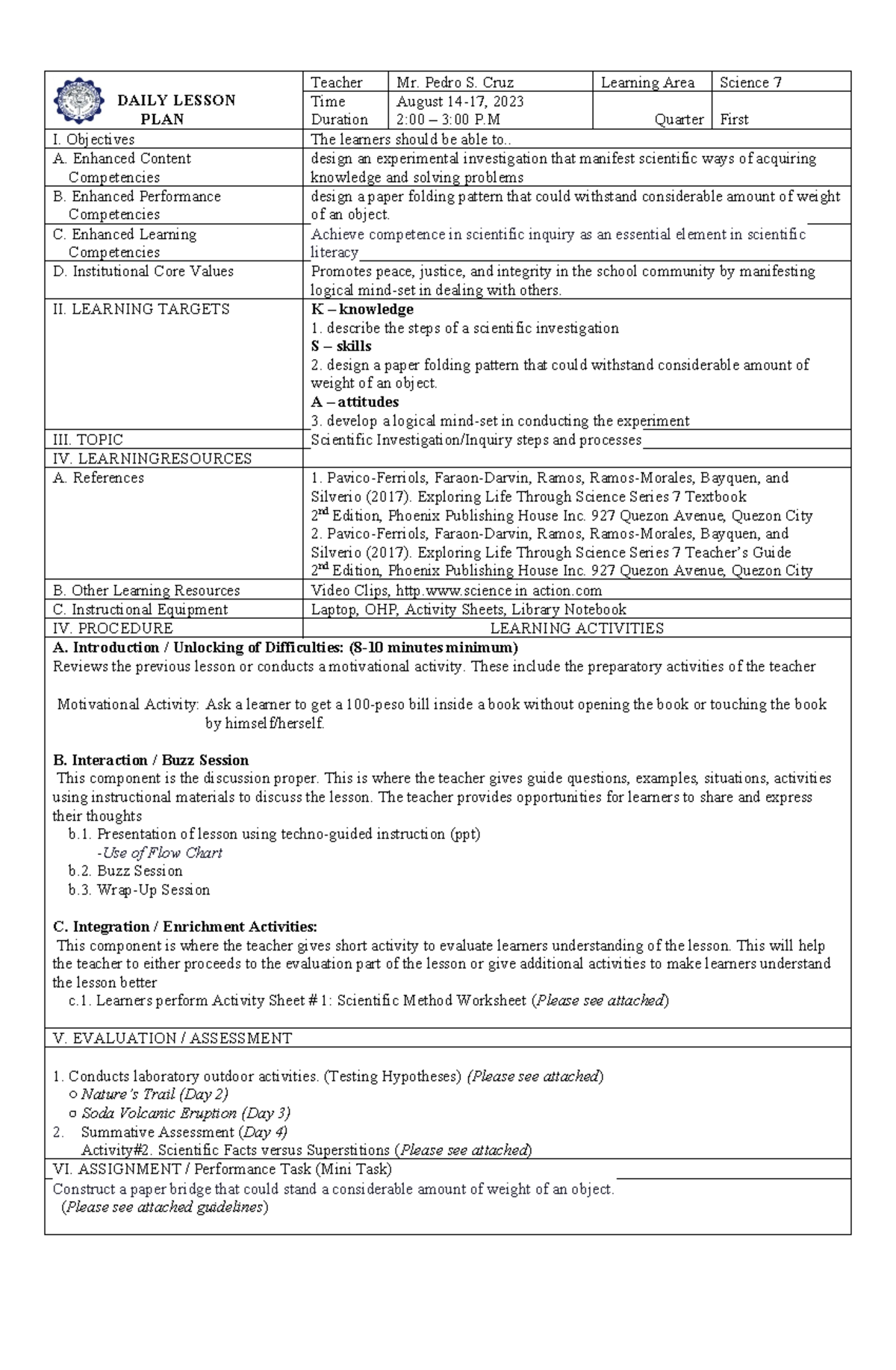 Dlp-template - Detailed lesson plan - DAILY LESSON PLAN Teacher Mr ...