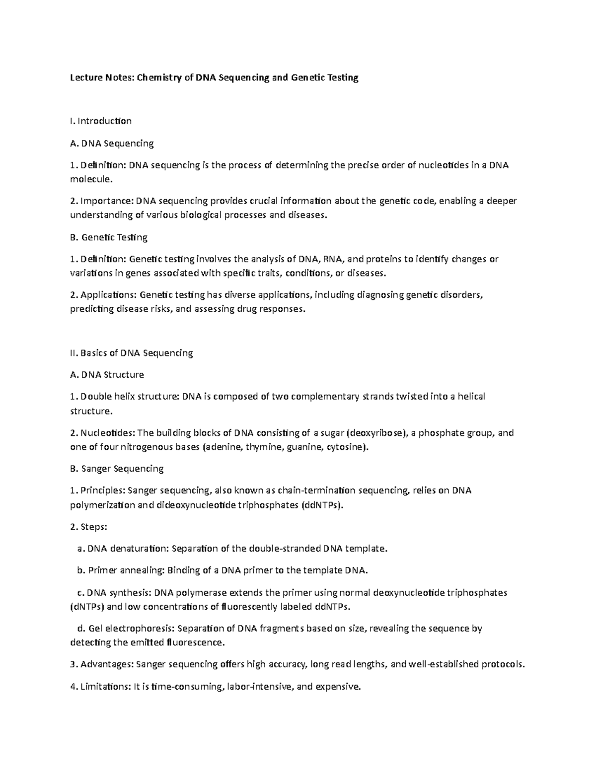 Lecture Notes: Chemistry of DNA Sequencing and Genetic Testing ...