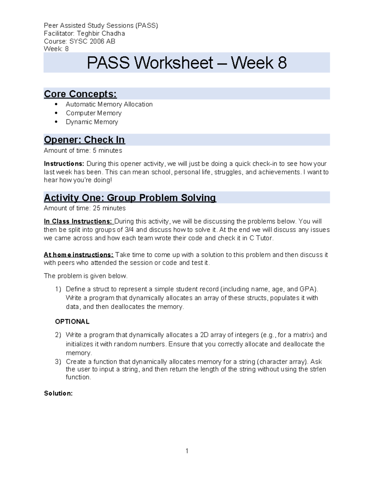 SYSC 2006 AB - Week 8 - PASS Practice - Peer Assisted Study Sessions ...