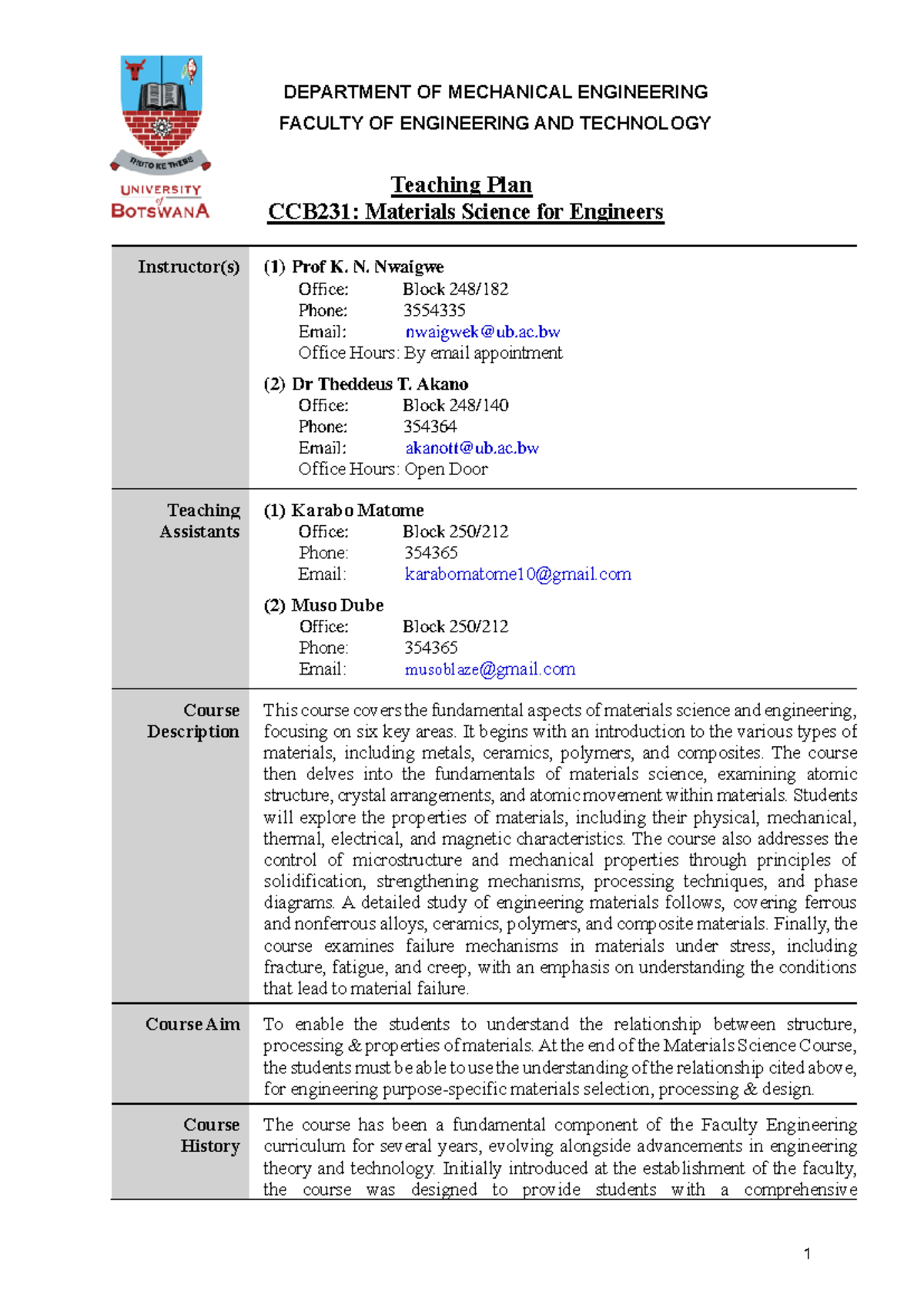 Teaching Plan 2024 revised - DEPARTMENT OF MECHANICAL ENGINEERING FACULTY OF ENGINEERING AND ...