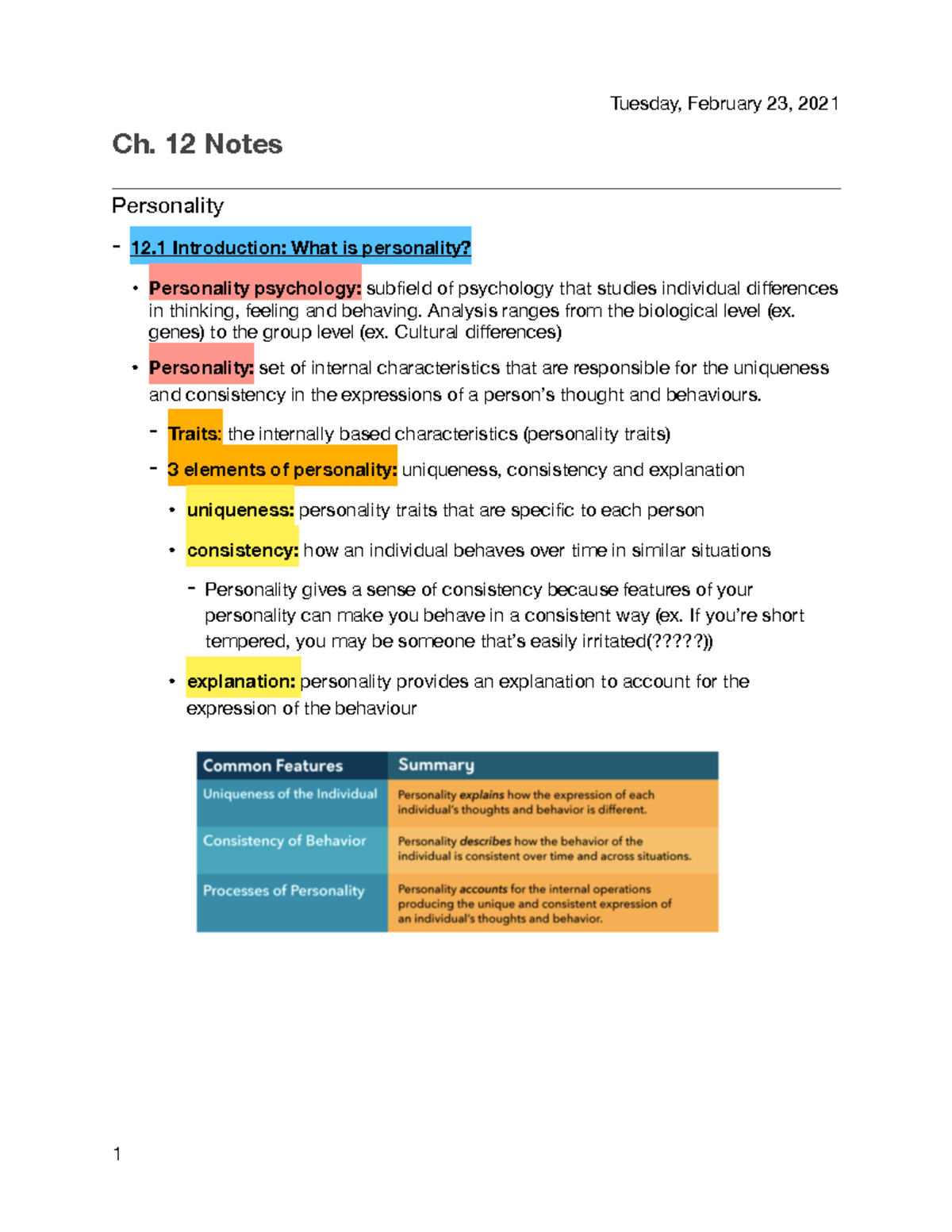 PSY1102 Ch - Chapter 12 - Ch. 12 Notes Personality - 12 Introduction ...