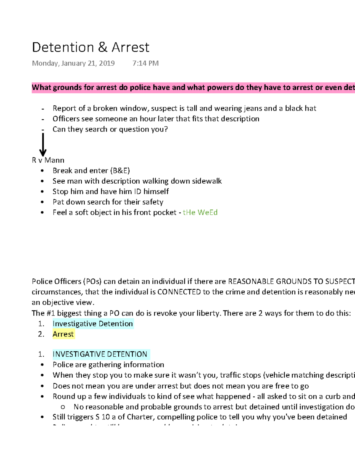 Detention & Arrest - Lecture notes 3 - Detention & Arrest Monday ...