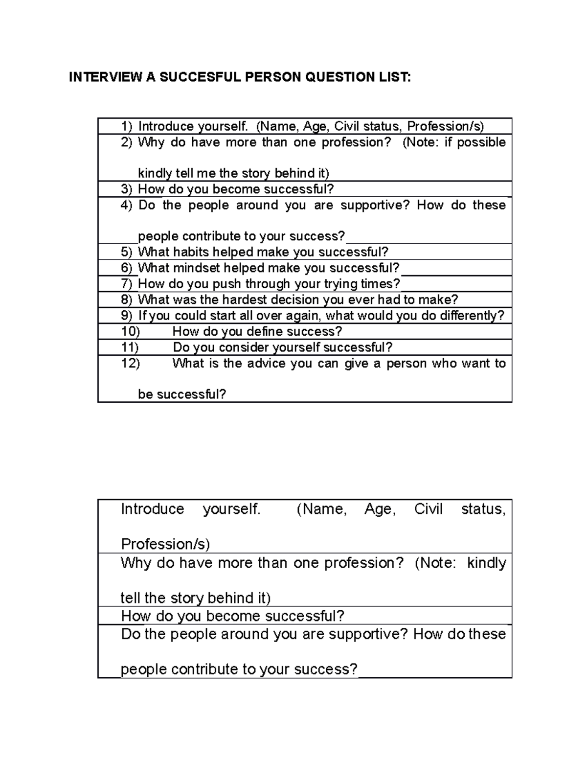 Interview A Succesful Person Question LIST - INTERVIEW A SUCCESFUL ...