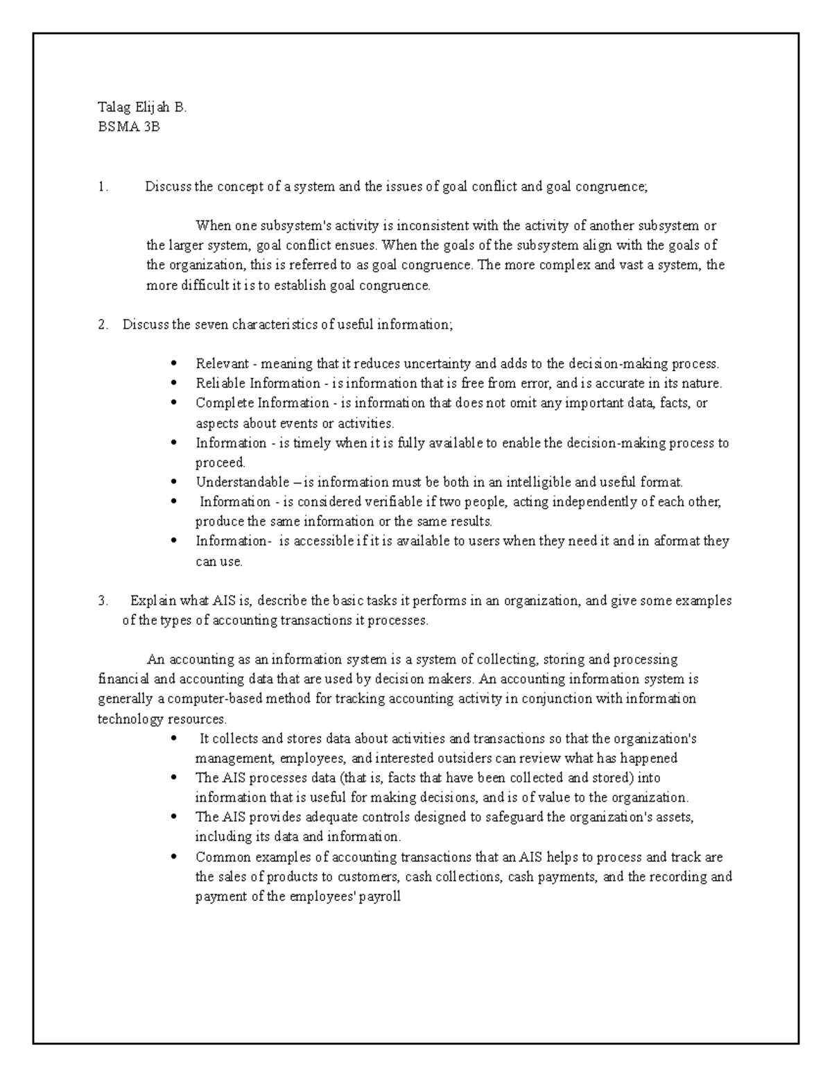Talag Elijah B. AIS QUIZ - Talag Elijah B. BSMA 3B Discuss the concept ...
