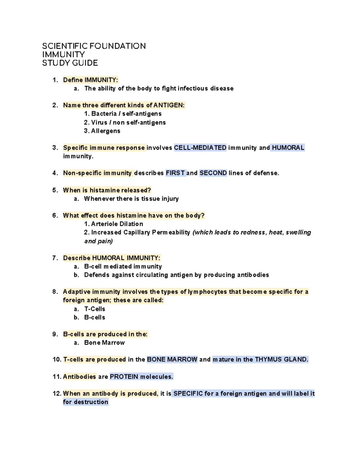 Immunity Review Sheet - Scientific Foundation - SCIENTIFIC FOUNDATION ...