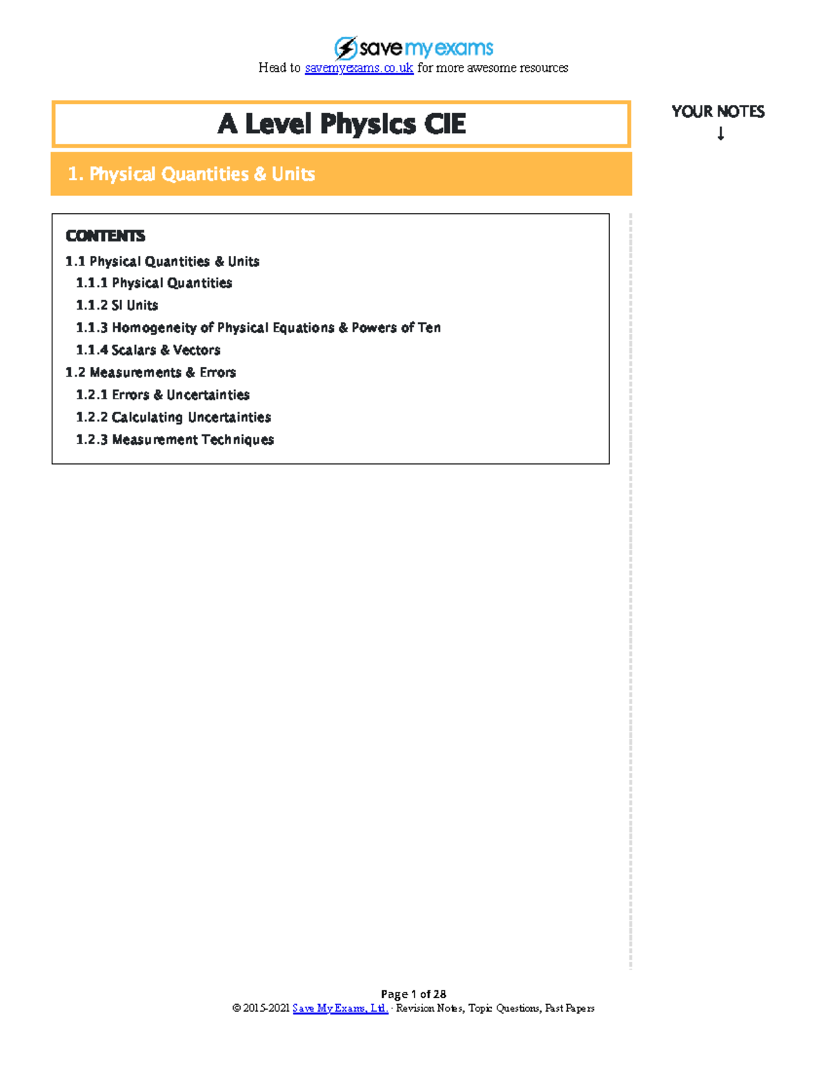 1. Physical quantities and units - Page 1 of 28 A Level Physics CIE Phy ...