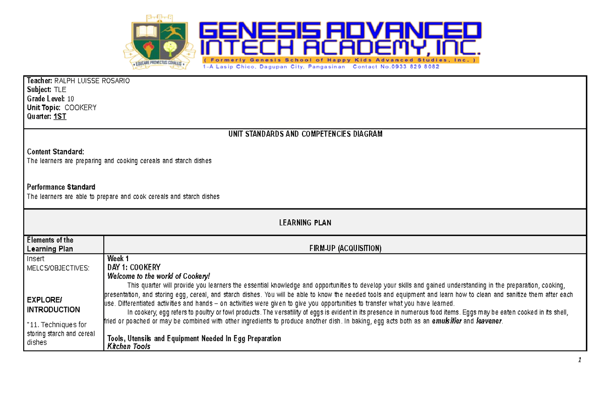 LP TLE 10 1ST Quarter.docx - Teacher: RALPH LUISSE ROSARIO Subject: TLE Grade Level: 10 Unit ...