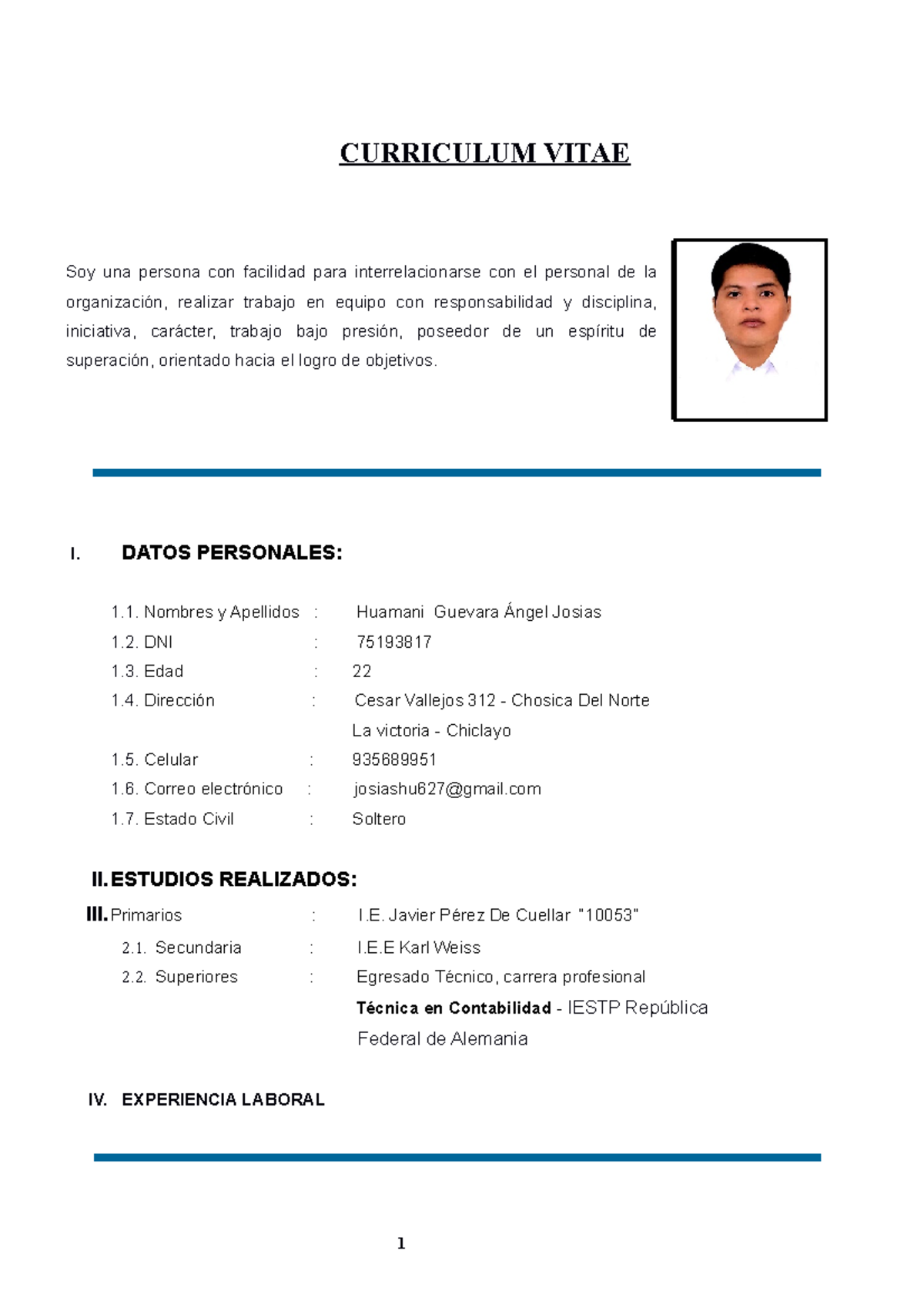 CV Documentado Angel Josias Huamani Guevara - CURRICULUM VITAE Soy una ...