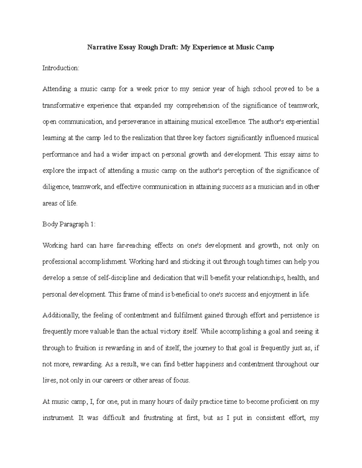 Narrative essay draft - Narrative Essay Rough Draft: My Experience at ...