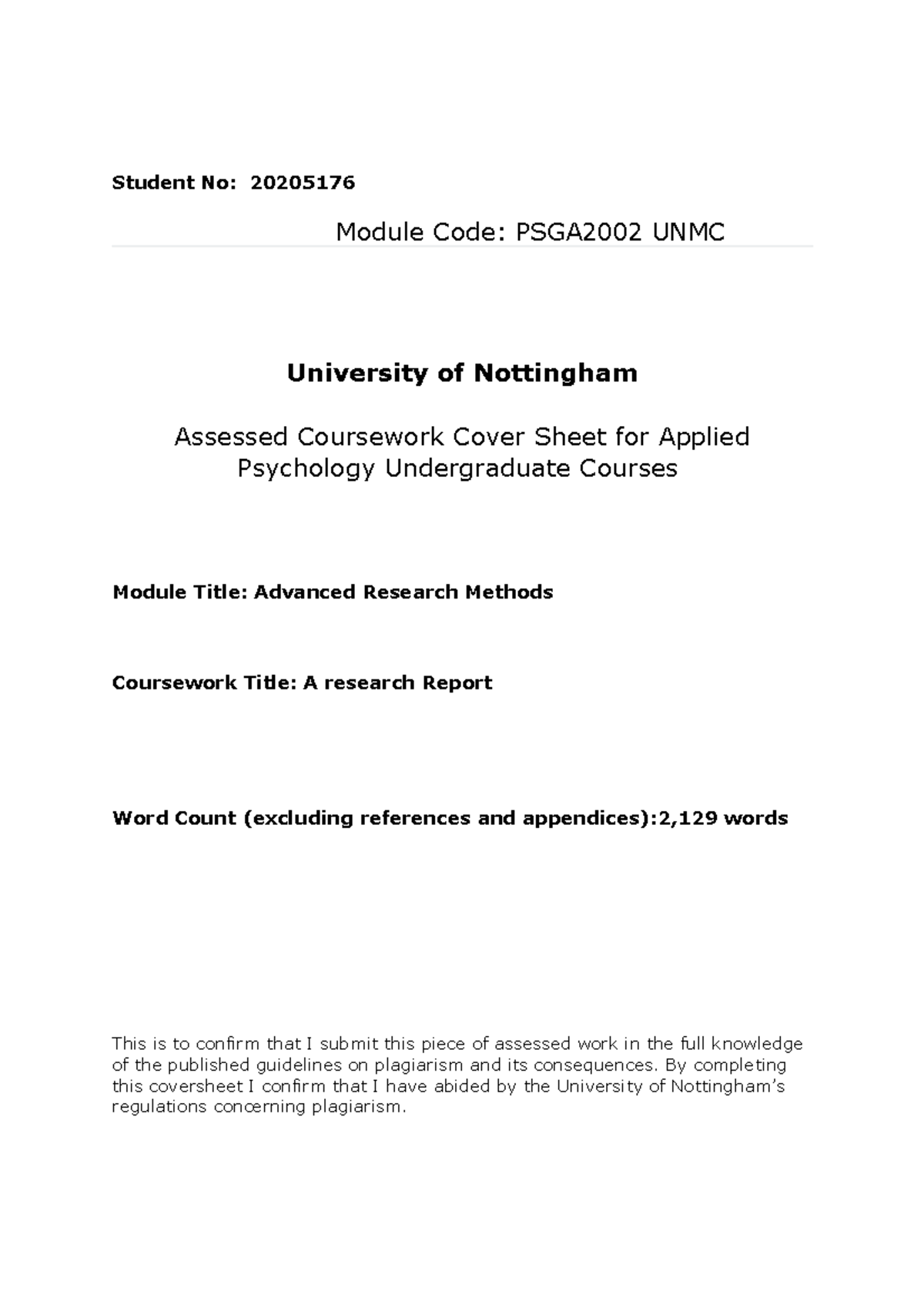 Arm - research studies - Student No: 20205176 Module Code: PSGA2002 ...