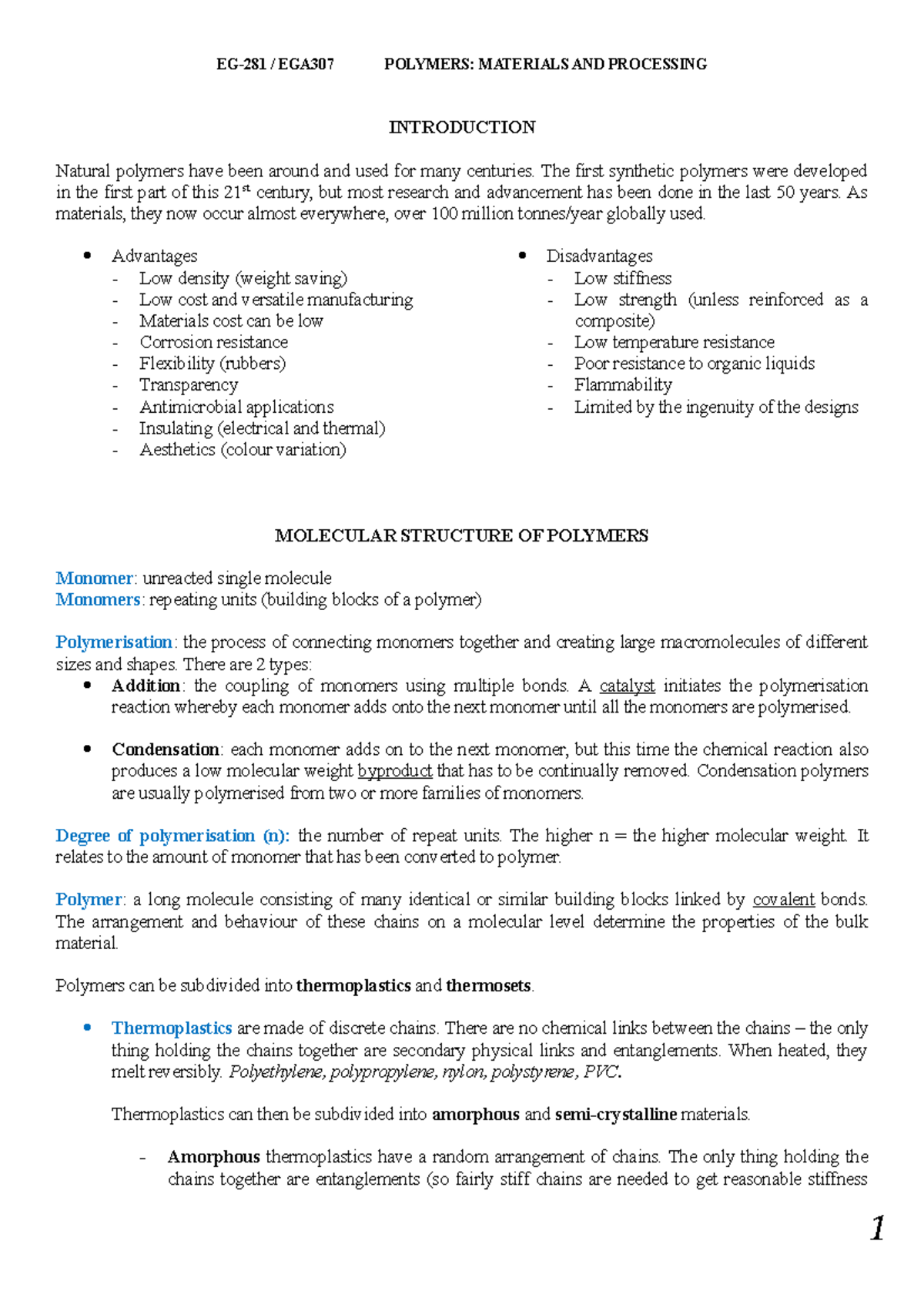 Full course notes - Summary Polymers: Structure and Processing - EGA307 ...