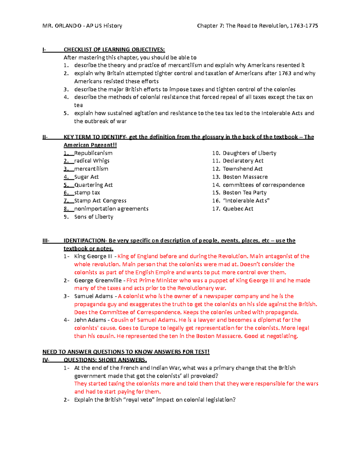 Study guide ch 7 - MR. ORLANDO - AP US History Chapter 7: The Road to ...