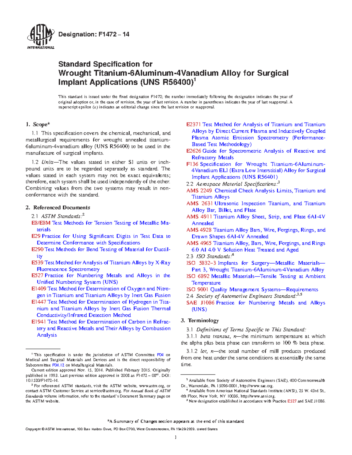 Ti - astm e290 - Designation: F1472− 14 Standard Specification for ...