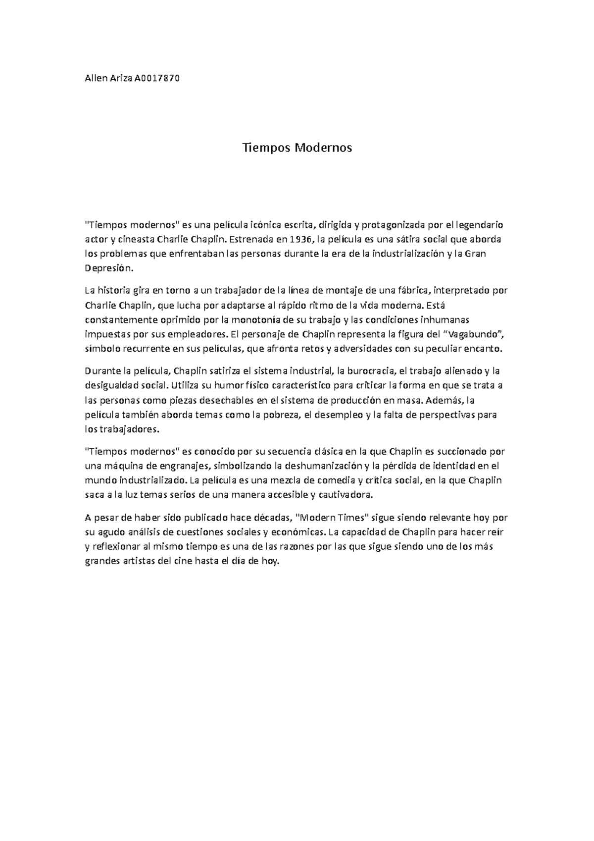 Charlie chaplin - prof. Xiomara Rodriguez De Los Santos - Allen Ariza A ...