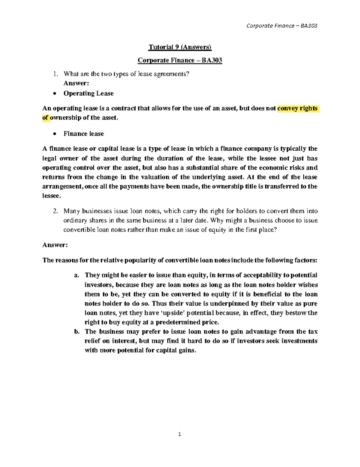 Corp fin Tutorial 9 - Solution - Corporate Finance – BA 1 Tutorial 9 ...