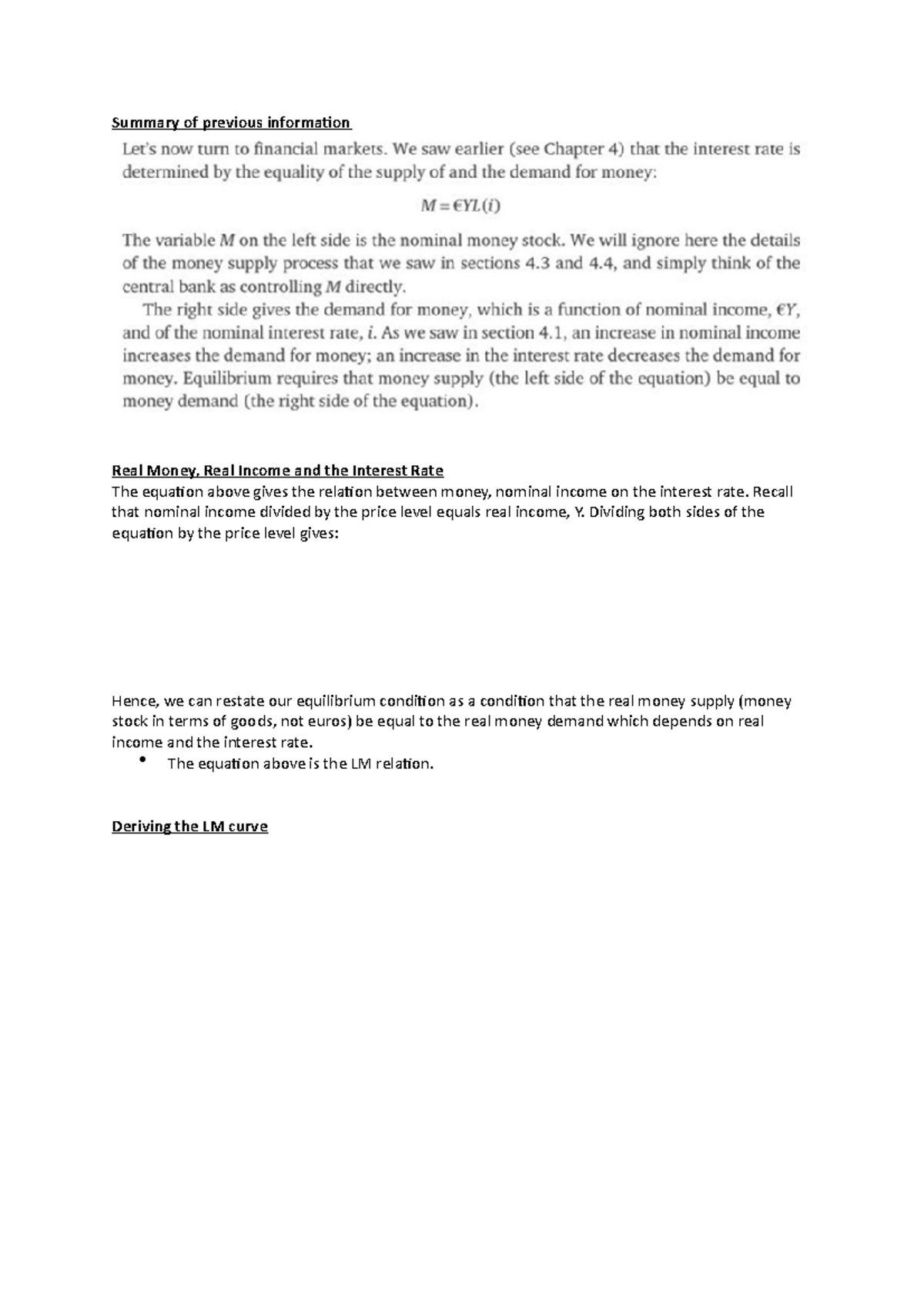 LM Model - Lecture notes 4 - Summary of previous information Real Money ...