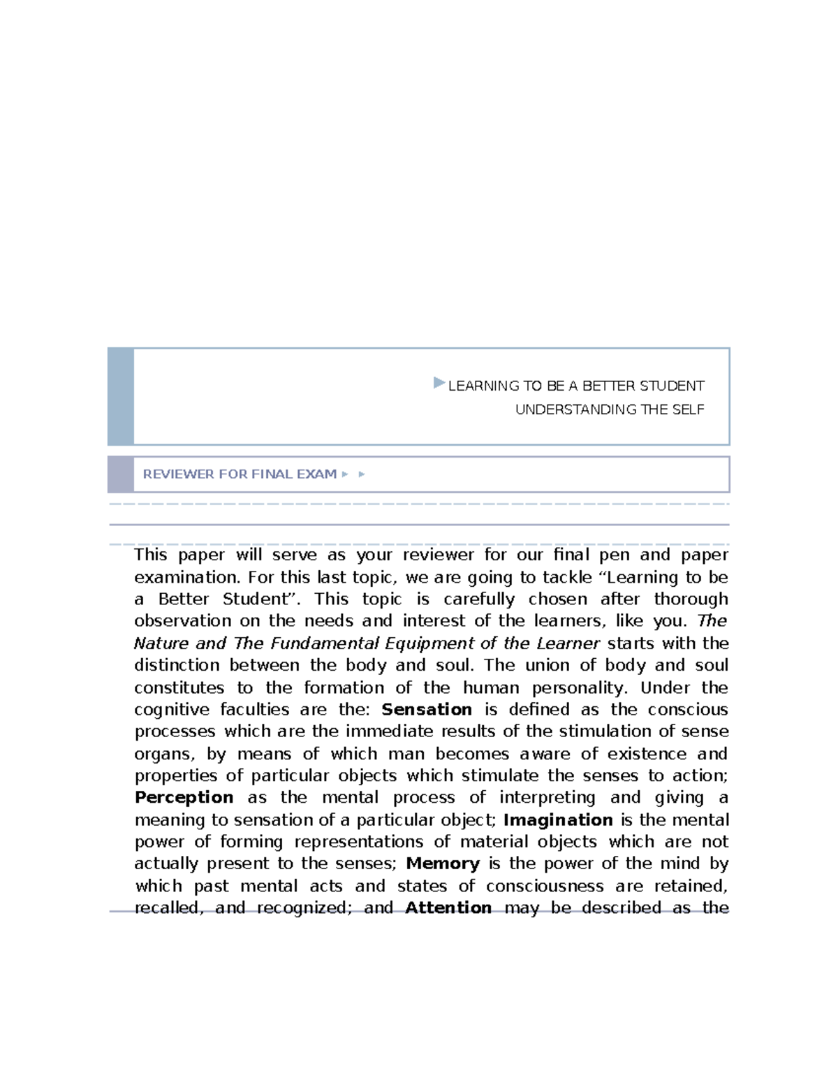 Learning TO BE A Better Student. reviewer - UNDERSTANDING THE SELF ...