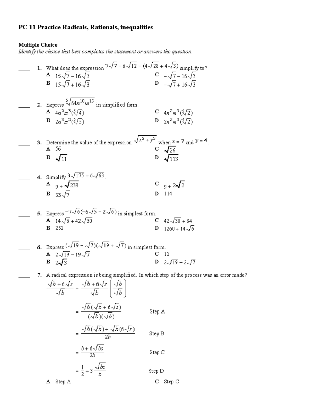 Practice Final - PC 11 Practice Radicals, Rationals, inequalities ...