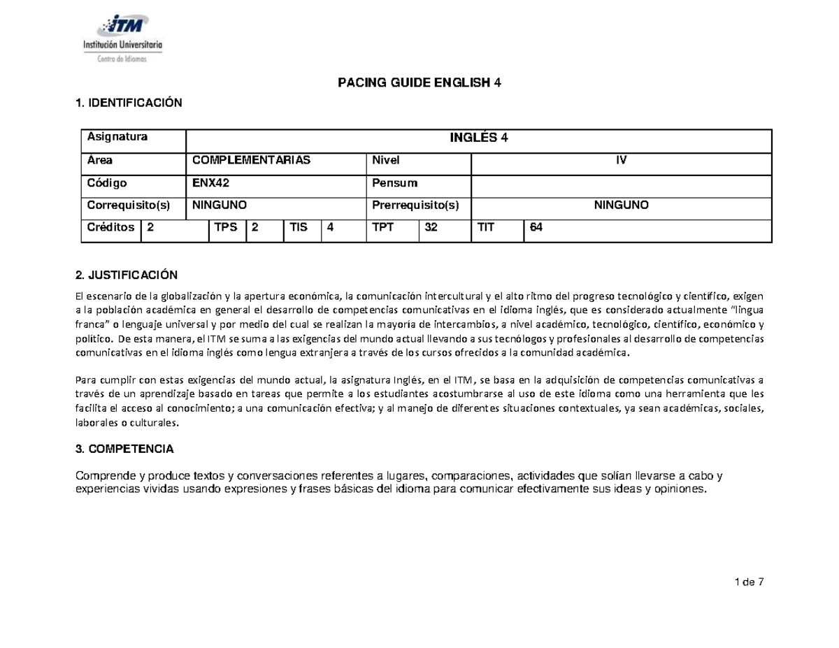 Pacing Guide Inglés 4 2019-1 - Warning: TT: undefined function: 22 Warning: TT: undefined ...