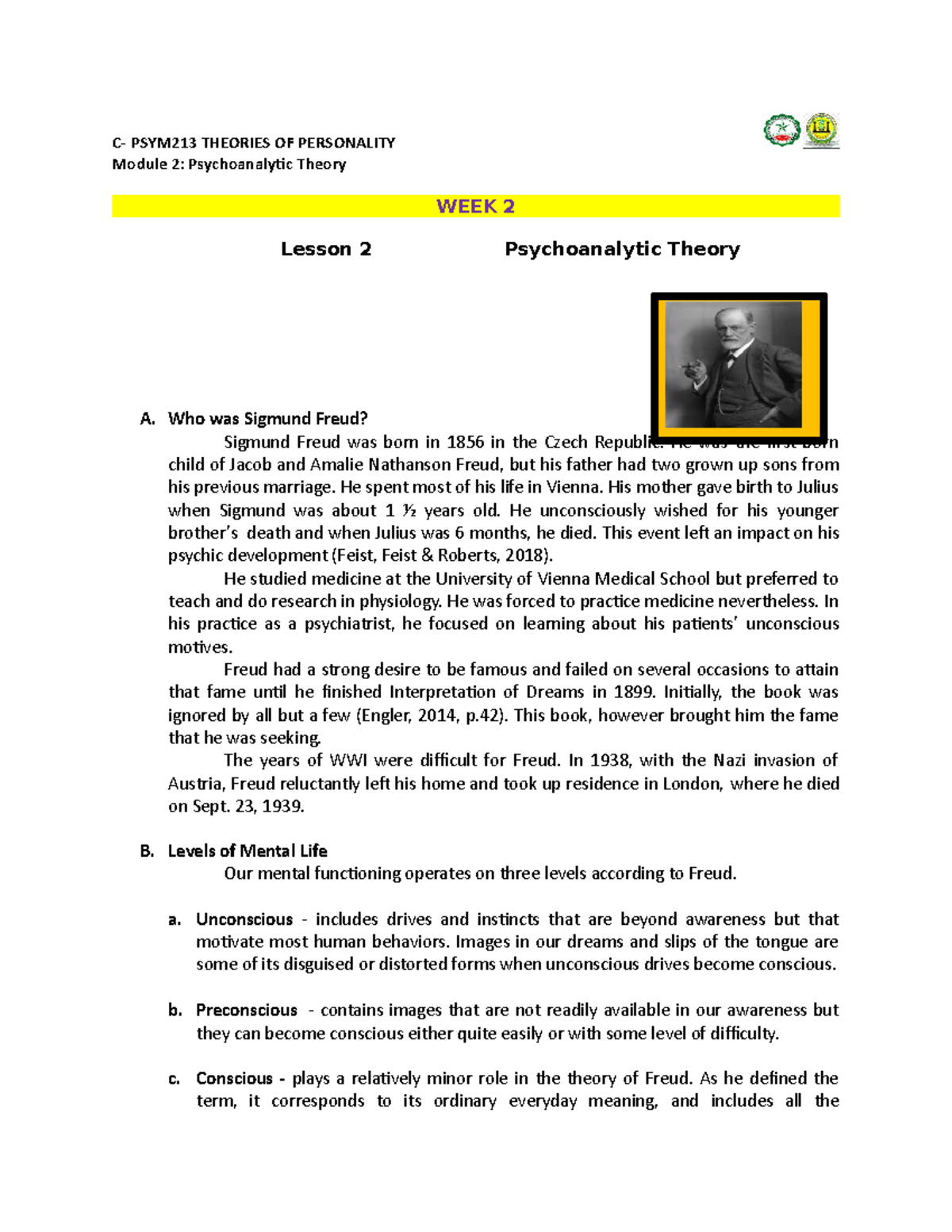 Lesson 2 Psychoanalytic Theory - C- PSYM213 THEORIES OF PERSONALITY ...