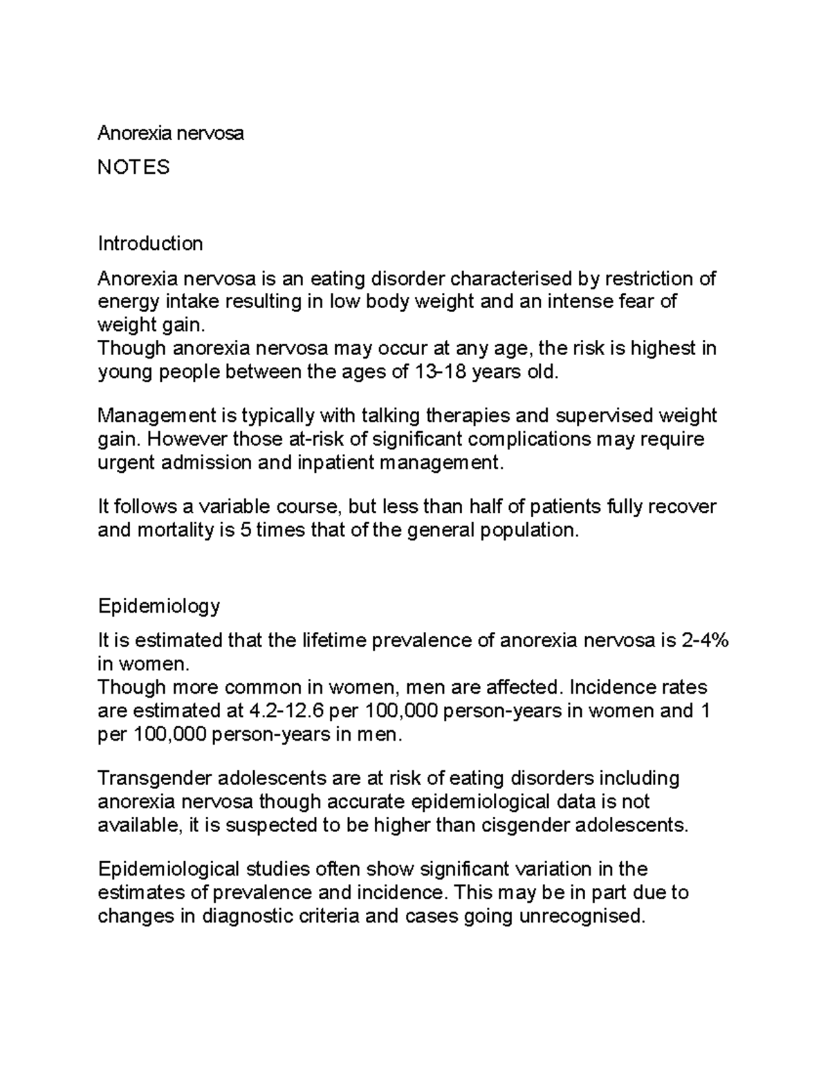 Anorexia nervosa - Lecture notes 1 - Anorexia nervosa NOTES ...