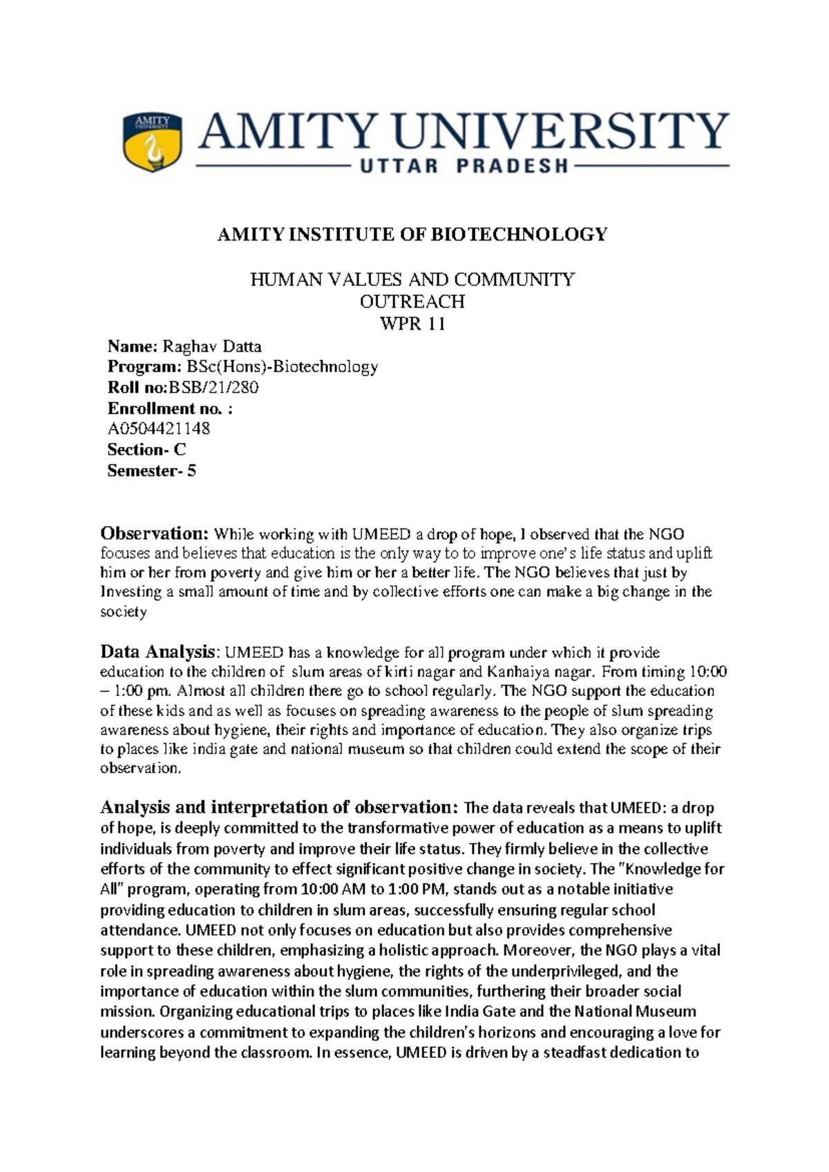 10th wpr - xzs - AMITY INSTITUTE OF BIOTECHNOLOGY HUMAN VALUES AND ...