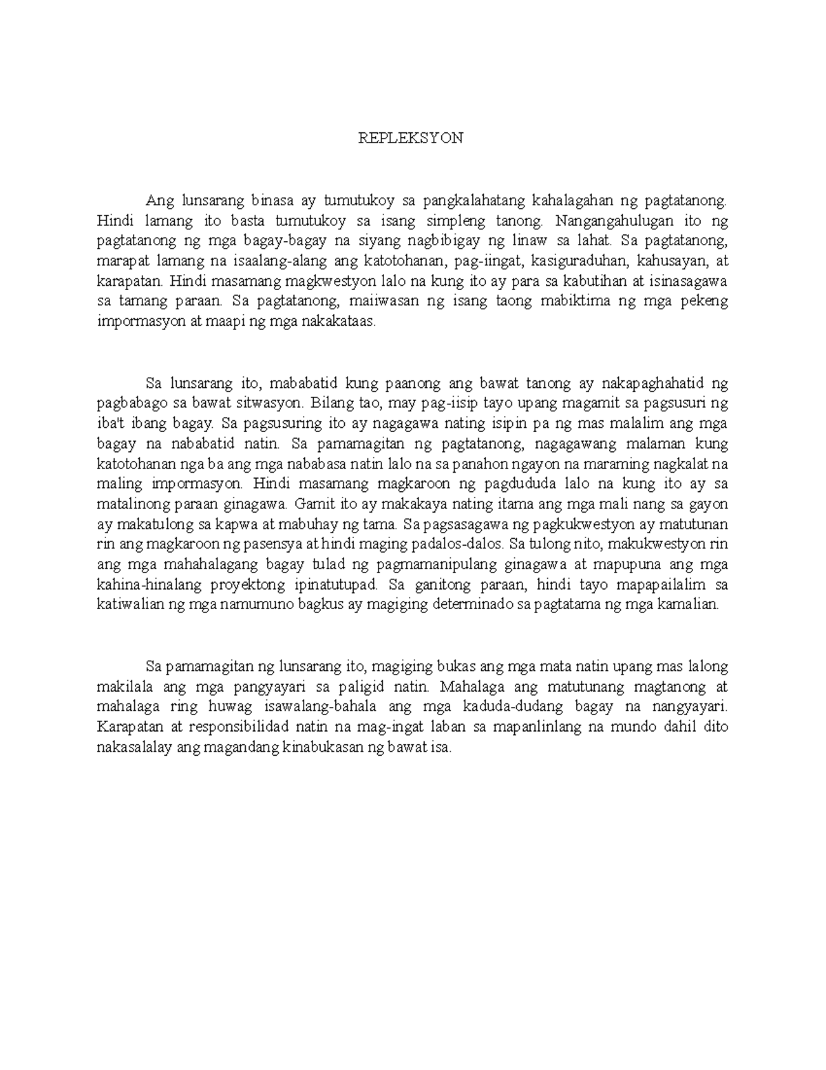 Pagganap BLG. 1 Repleksiyon - REPLEKSYON Ang lunsarang binasa ay ...