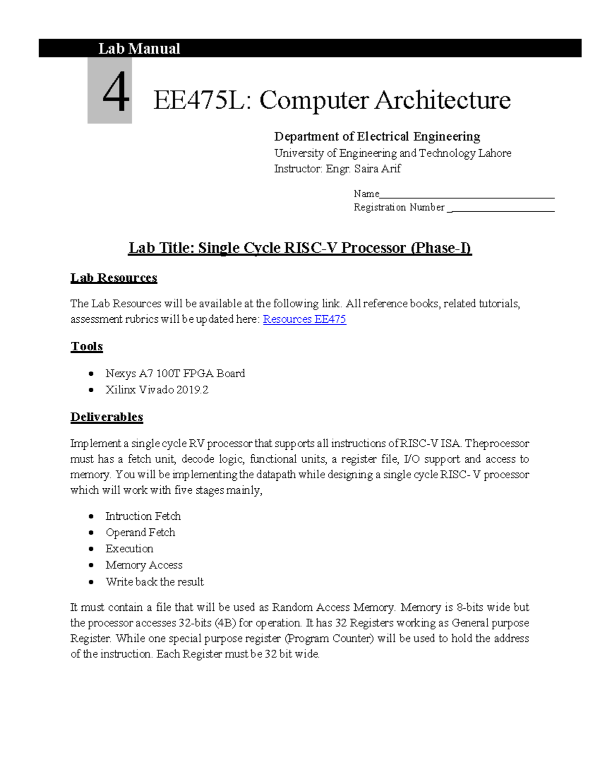EE475 CA Lab 04 - Electrical Engineering - 4 EE475L: Computer Architecture Department of ...