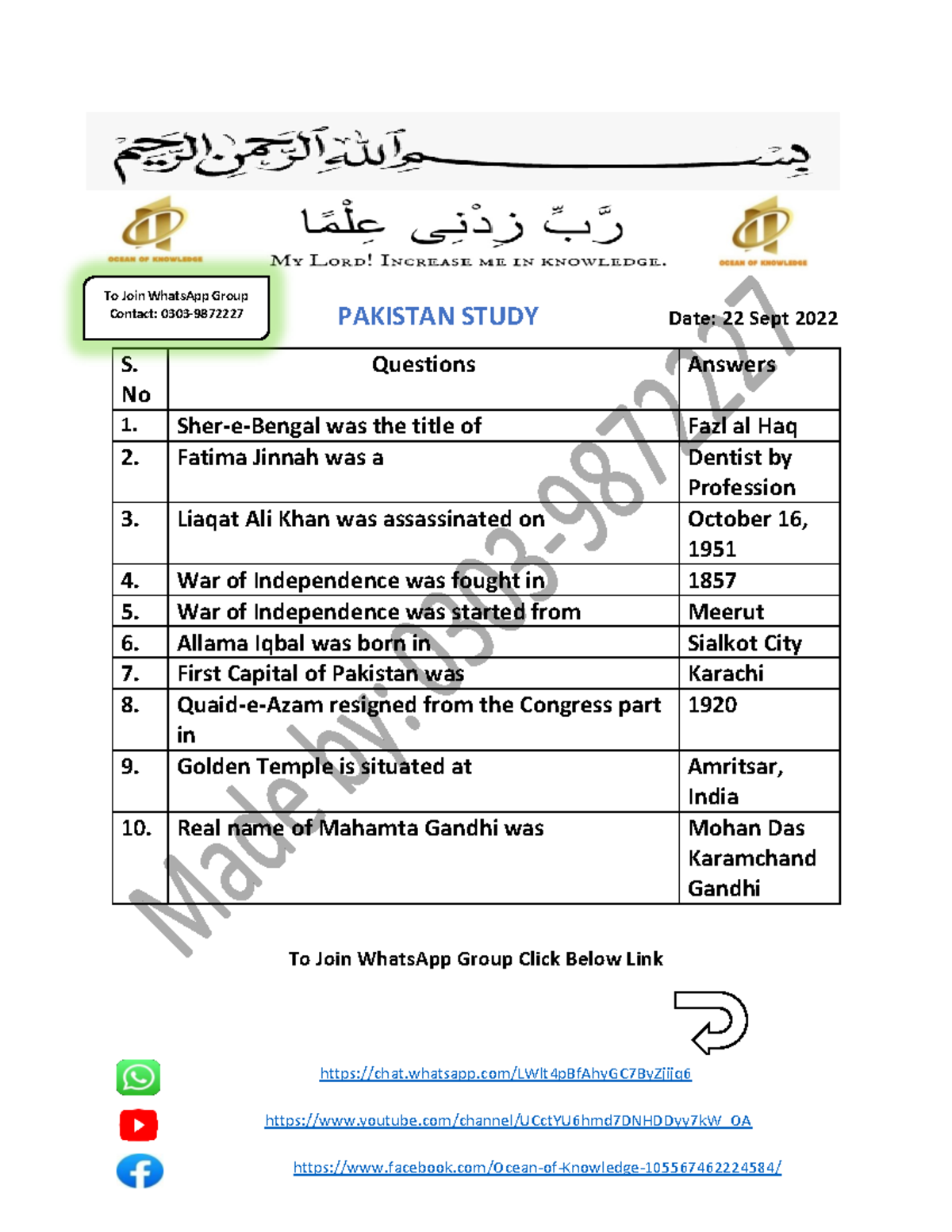 Pak Study Daily Dose-26 - PAKISTAN STUDY Date: 22 Sept 2022 S. No ...