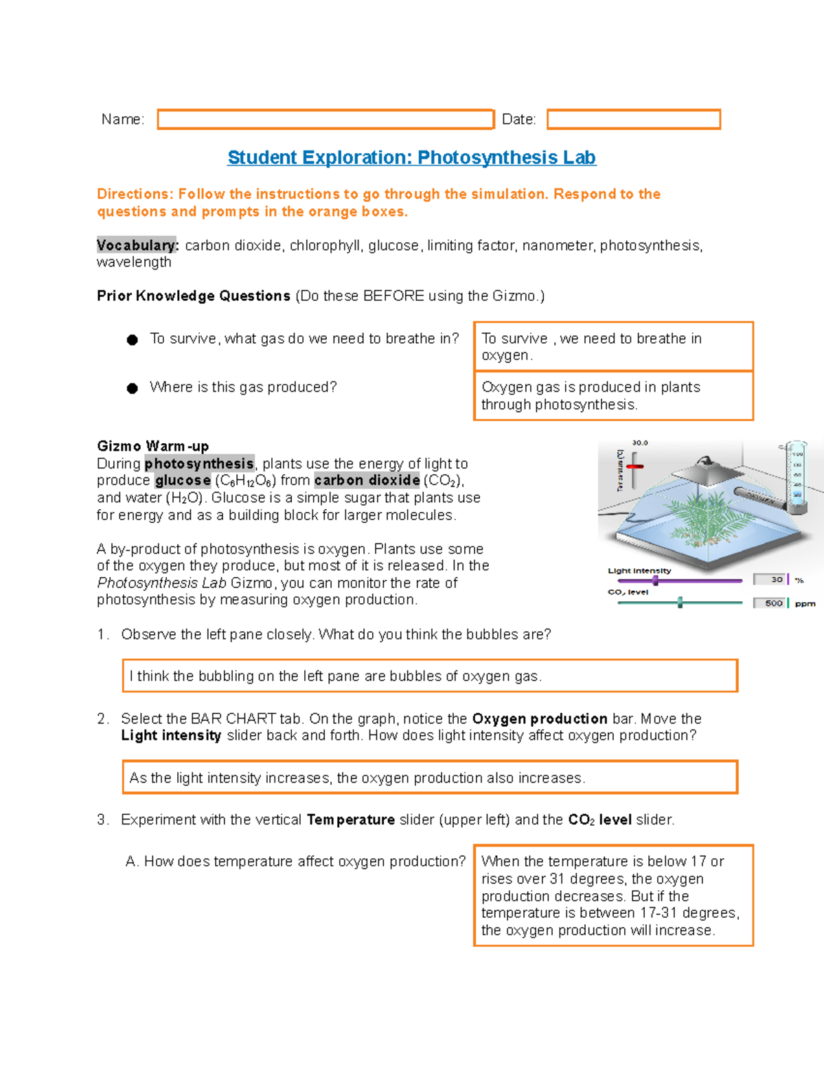 Copy Of Photosynthesis lab- biology grade 12 - Name: Date: Student ...