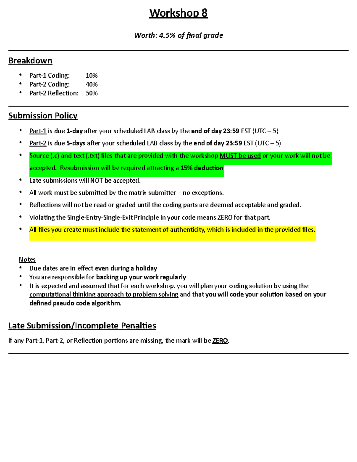 Workshop 08 - Workshop 8 Worth: 4% of final grade Breakdown Part-1 ...