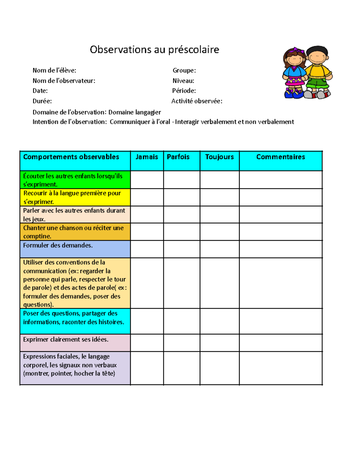 Grille dobservation au préscolaire - Observations au préscolaire Nom de ...