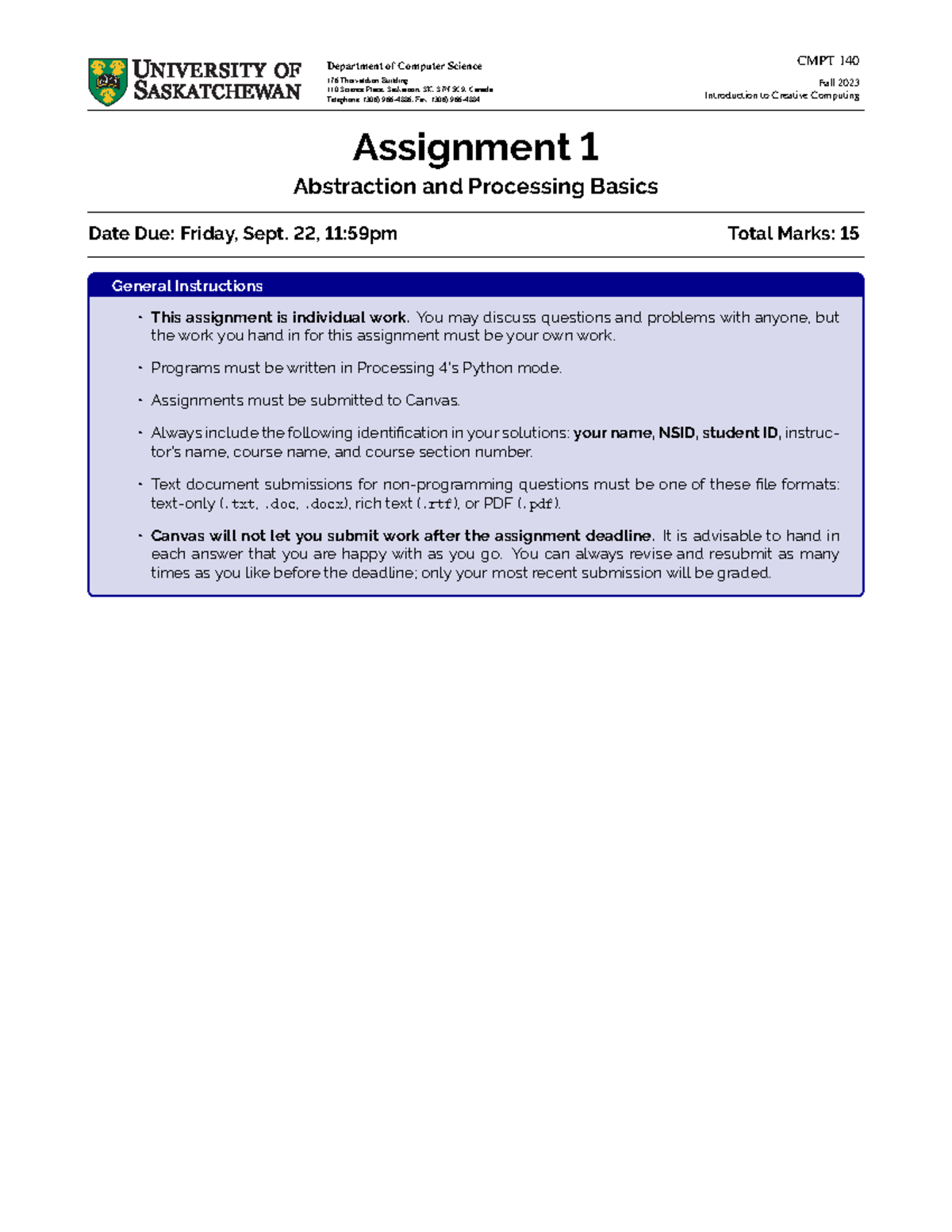 Cmpt140-asn01 - assignment - Department of Computer Science 176 ...