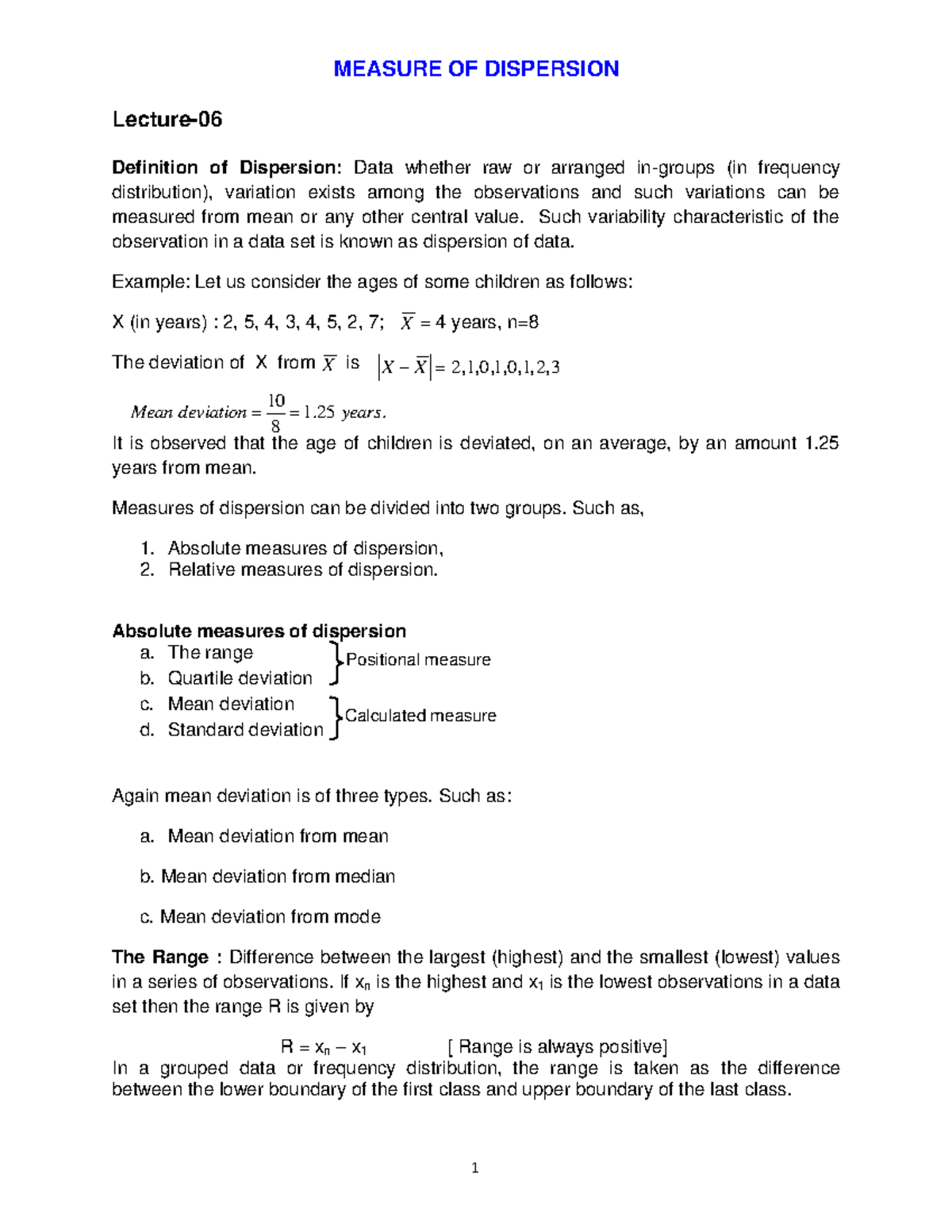 Lecture-06 (Measure of dispersion) - Lecture- Definition of Dispersion ...