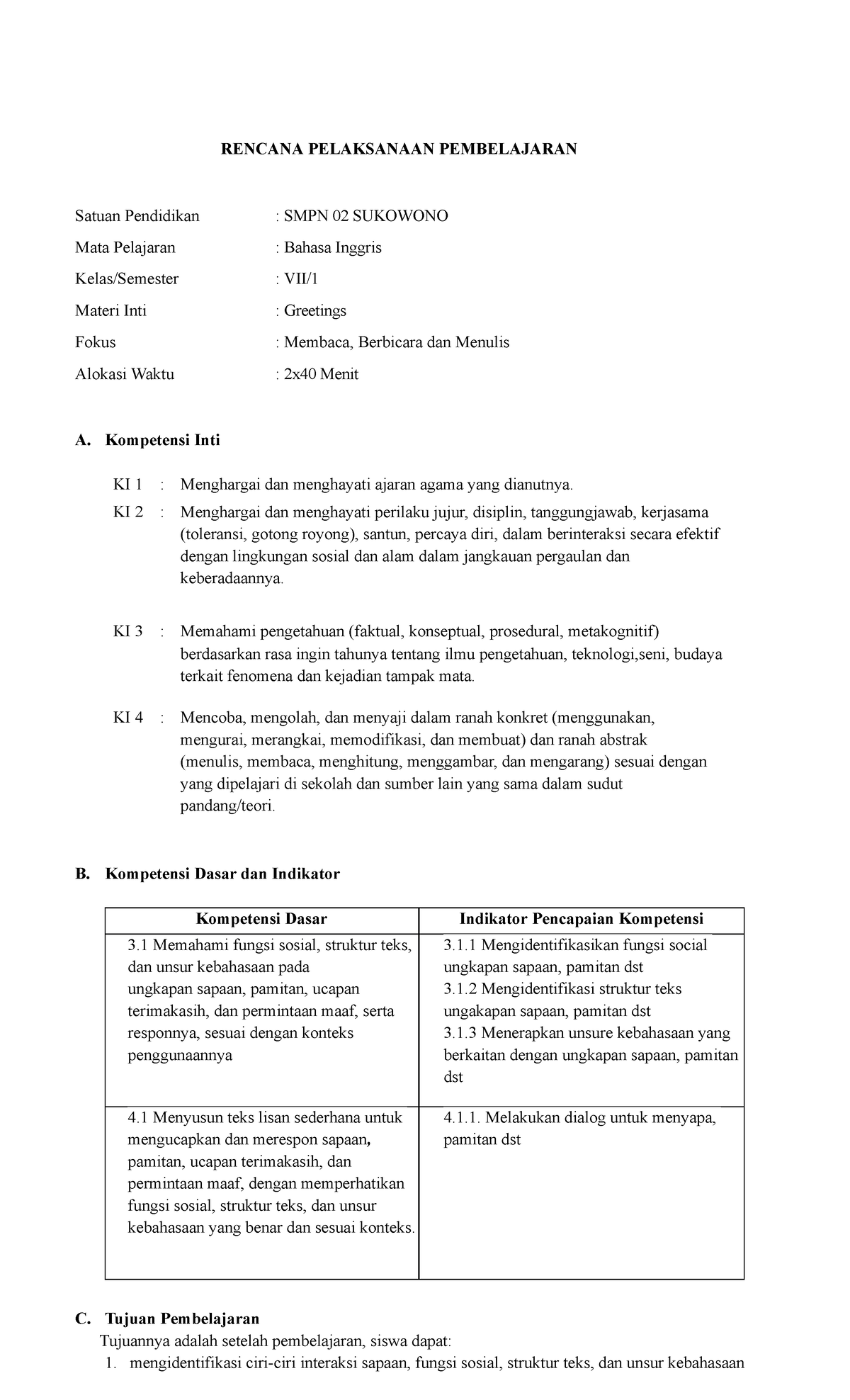 RPP SMP Kelas 7 Semester 1 Bahasa Inggris - RENCANA PELAKSANAAN ...