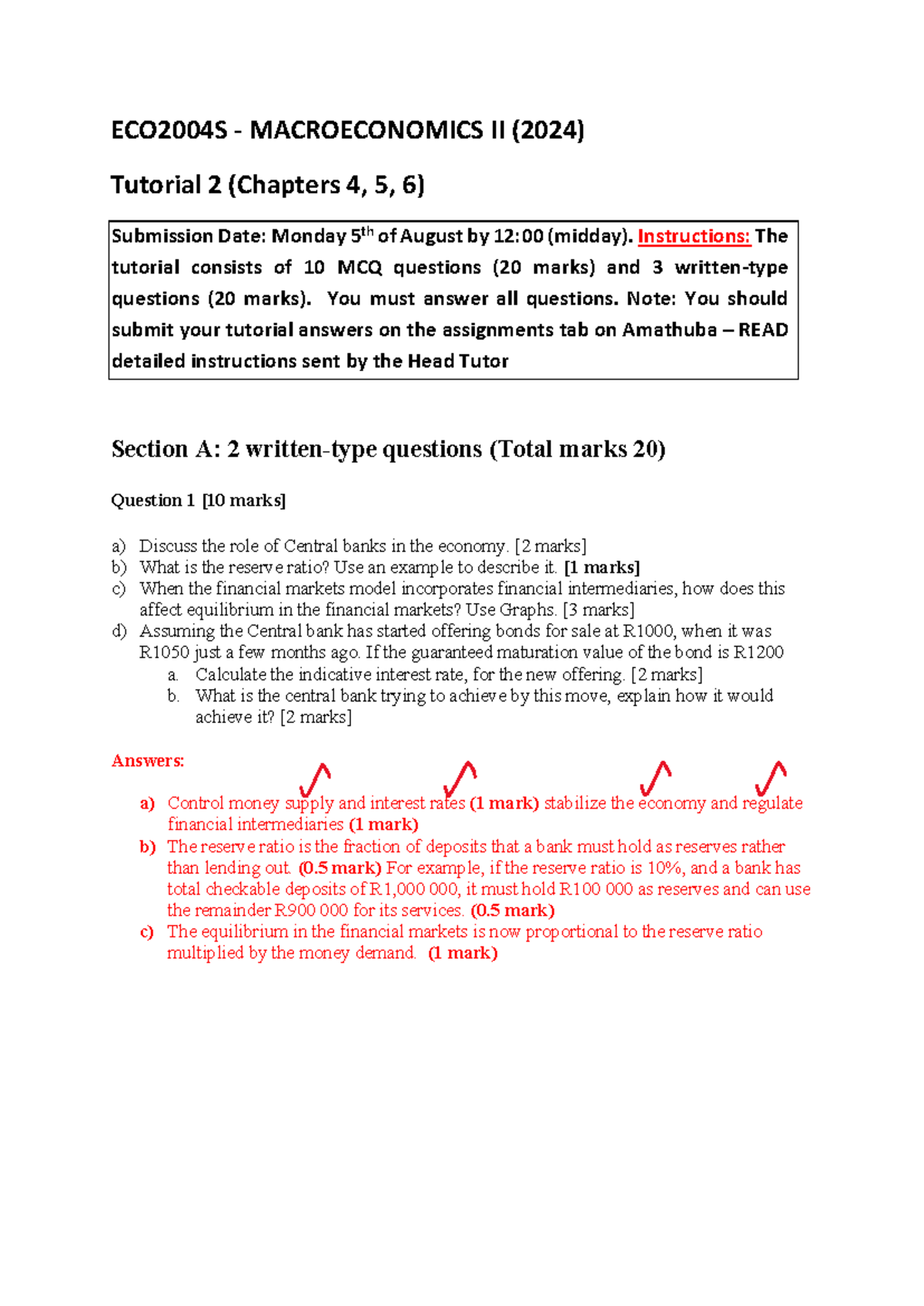 ECO2004 S Tutorial 2 Solutions - ECO2004S - MACROECONOMICS II (2024) Tutorial 2 (Chapters 4, 5 ...