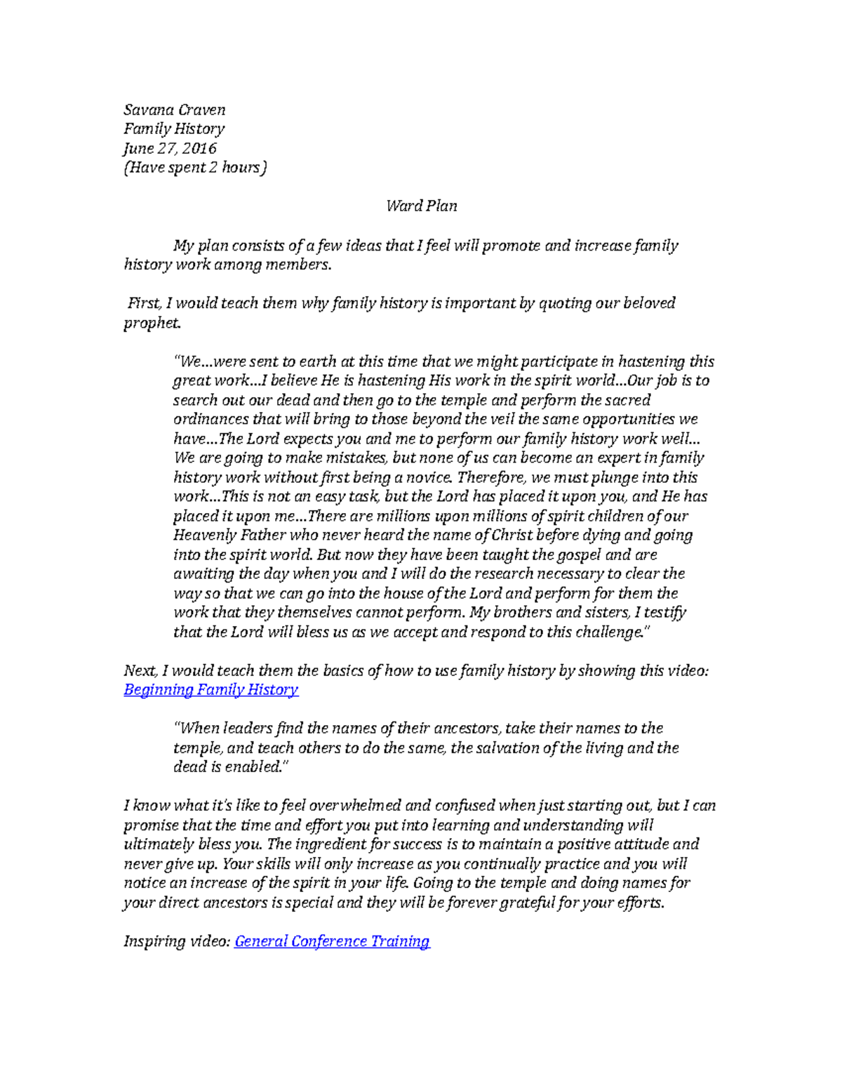 FH Ward Plan - Detailed plan of a family history ward lesson - Savana ...