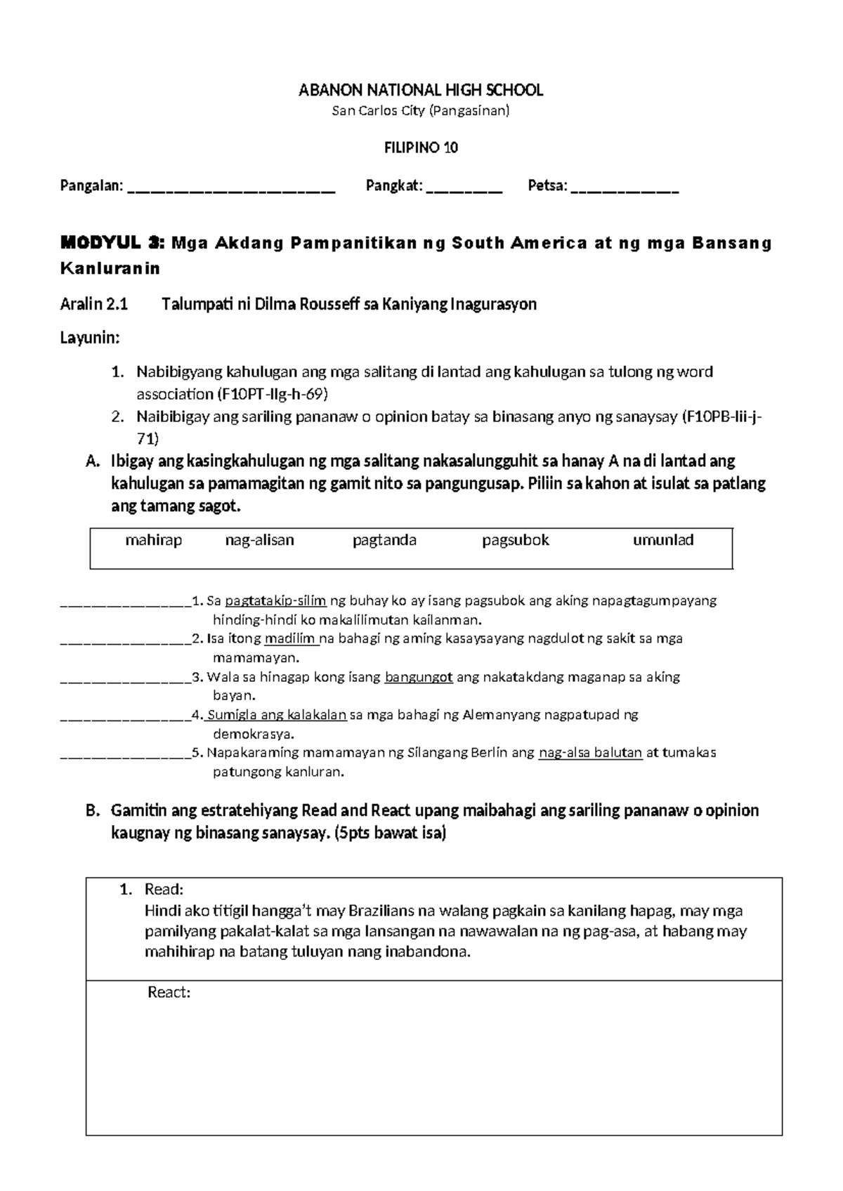 AYS Q2 FIL10 Talumpati - Gago - ABANON NATIONAL HIGH SCHOOL San Carlos ...