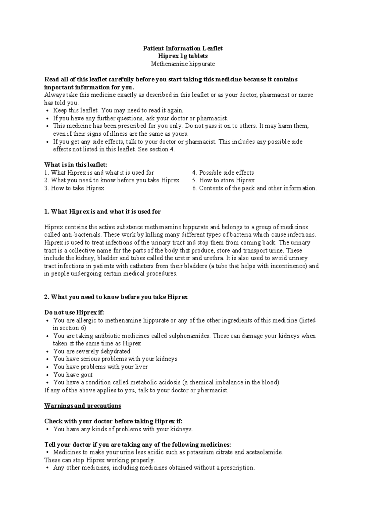 Hiprex info - urology - Patient Information Leaflet Hiprex 1g tablets ...