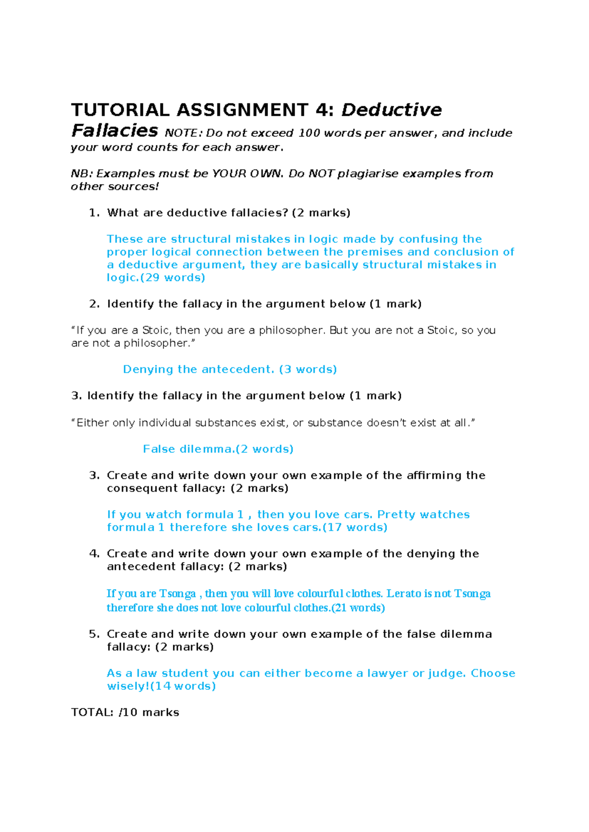 FIL 110 Assignment 4 - Deductive fallacies answers - TUTORIAL ASSIGNMENT 4: Deductive Fallacies ...