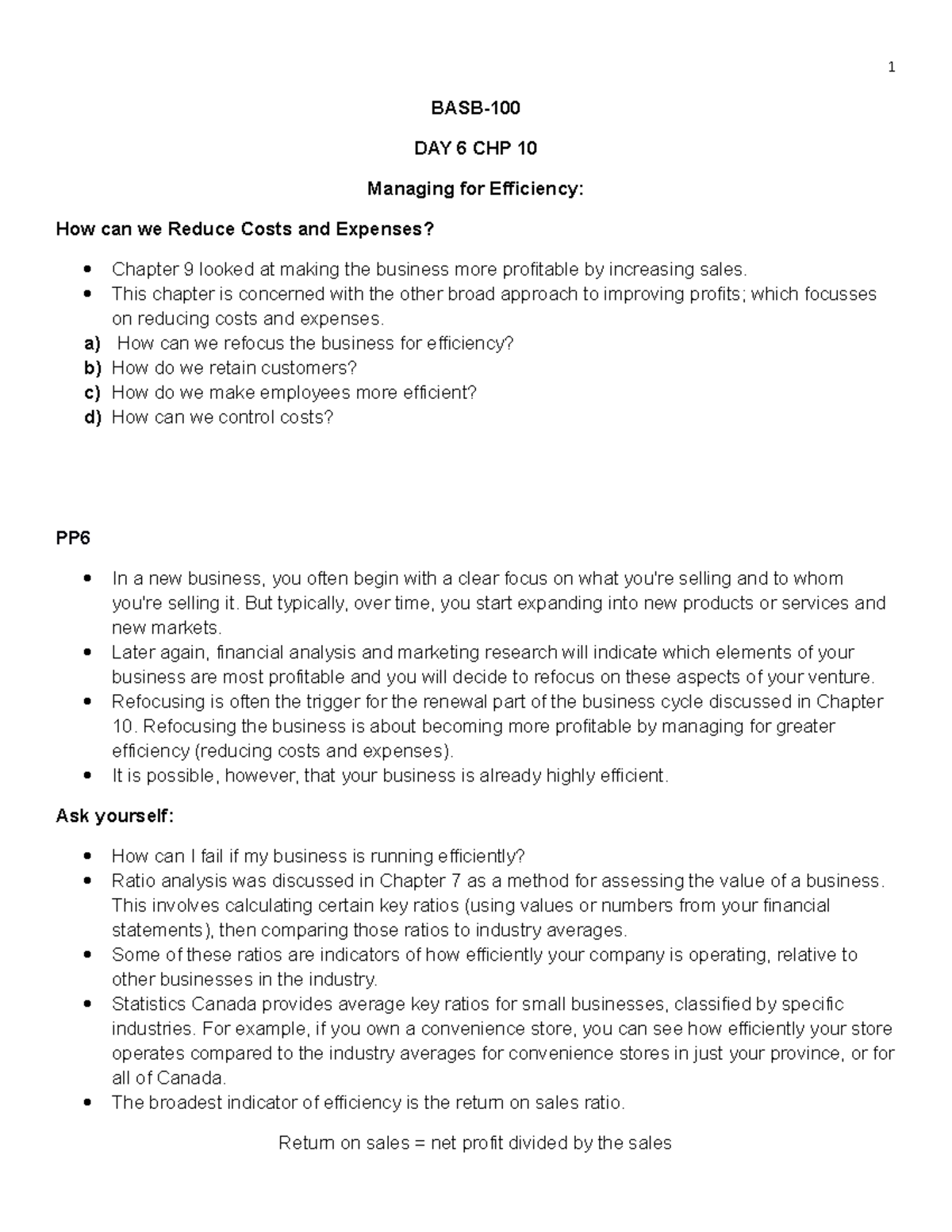 BASB-100 DAY 6 CHP 10 - BASB- DAY 6 CHP 10 Managing for Efficiency: How ...