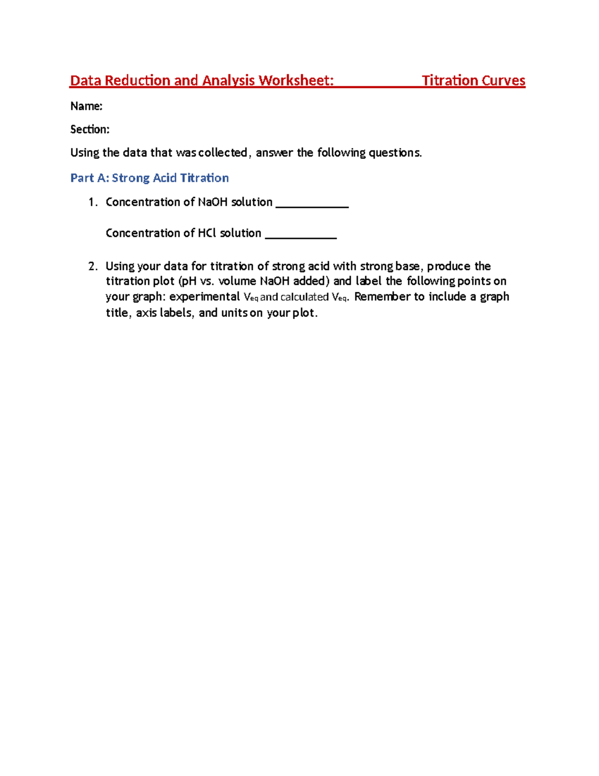 titration curves - Data Reducon and Analysis Worksheet: Titraon Curves ...