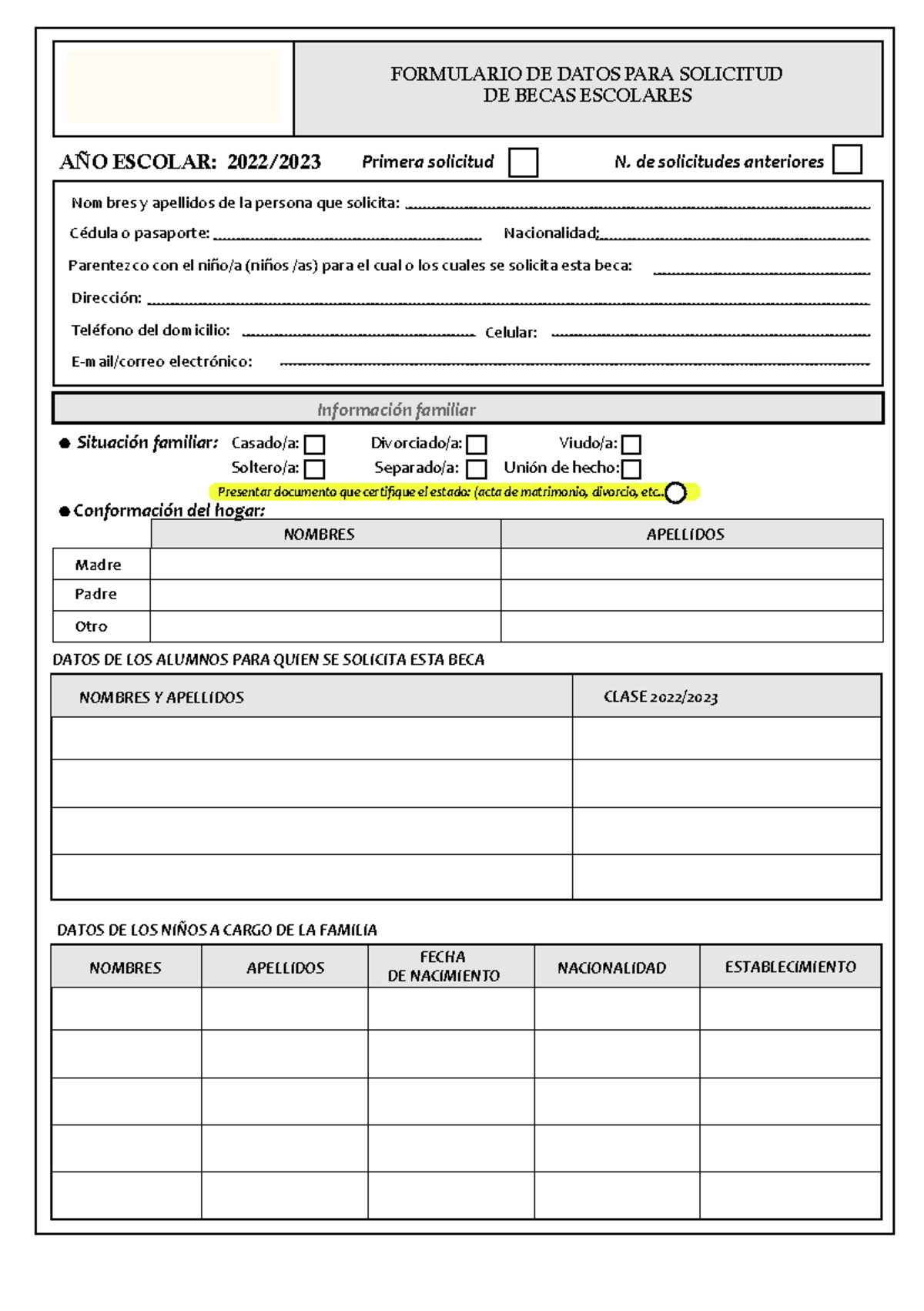 Formulario de becas 2022 2023 - FORMULARIO DE DATOS PARA SOLICITUD DE ...