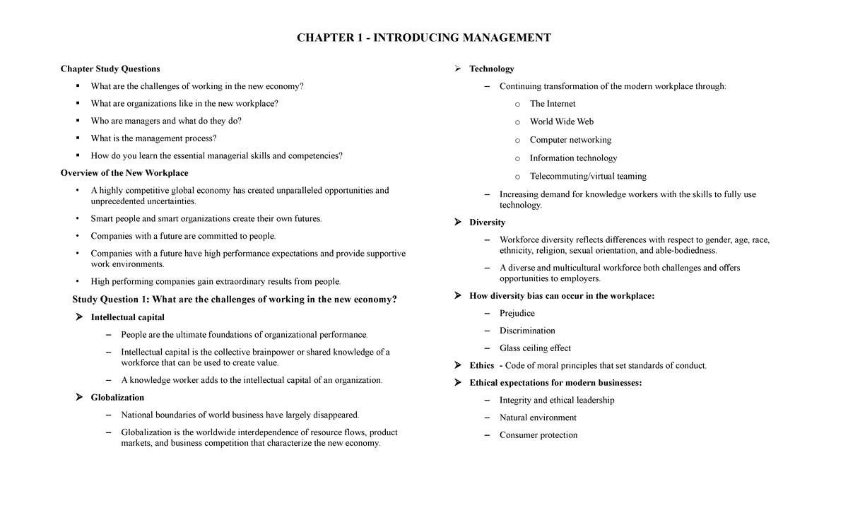 Chapter 1 Introduction To Management Chapter Study Questions What Are