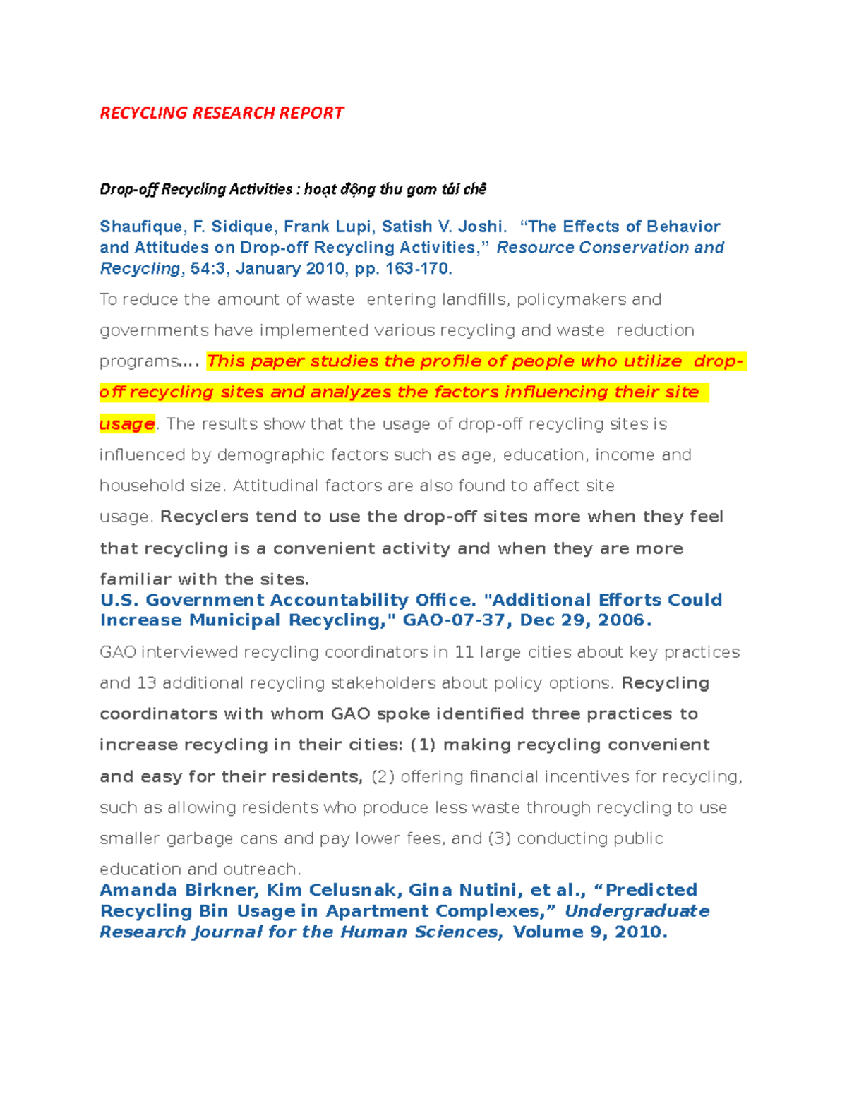 Recycling Research Repor 1 - RECYCLING RESEARCH REPORT Drop-of ...